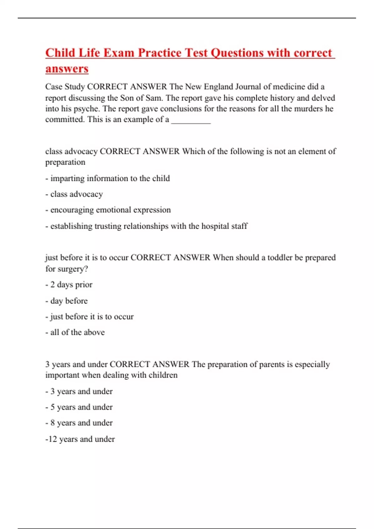 Child Life Exam Practice Test Questions with correct answers - Child ...
