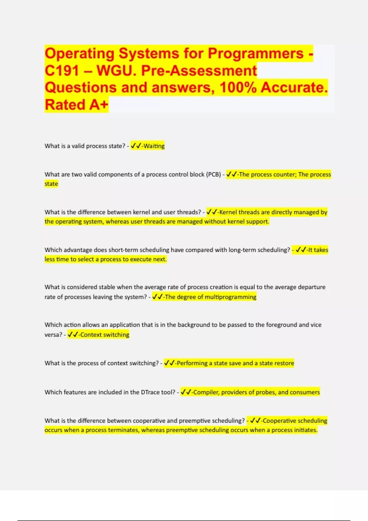 Operating Systems for Programmers - C191 – WGU. Pre-Assessment Questions and answers, 100% ...