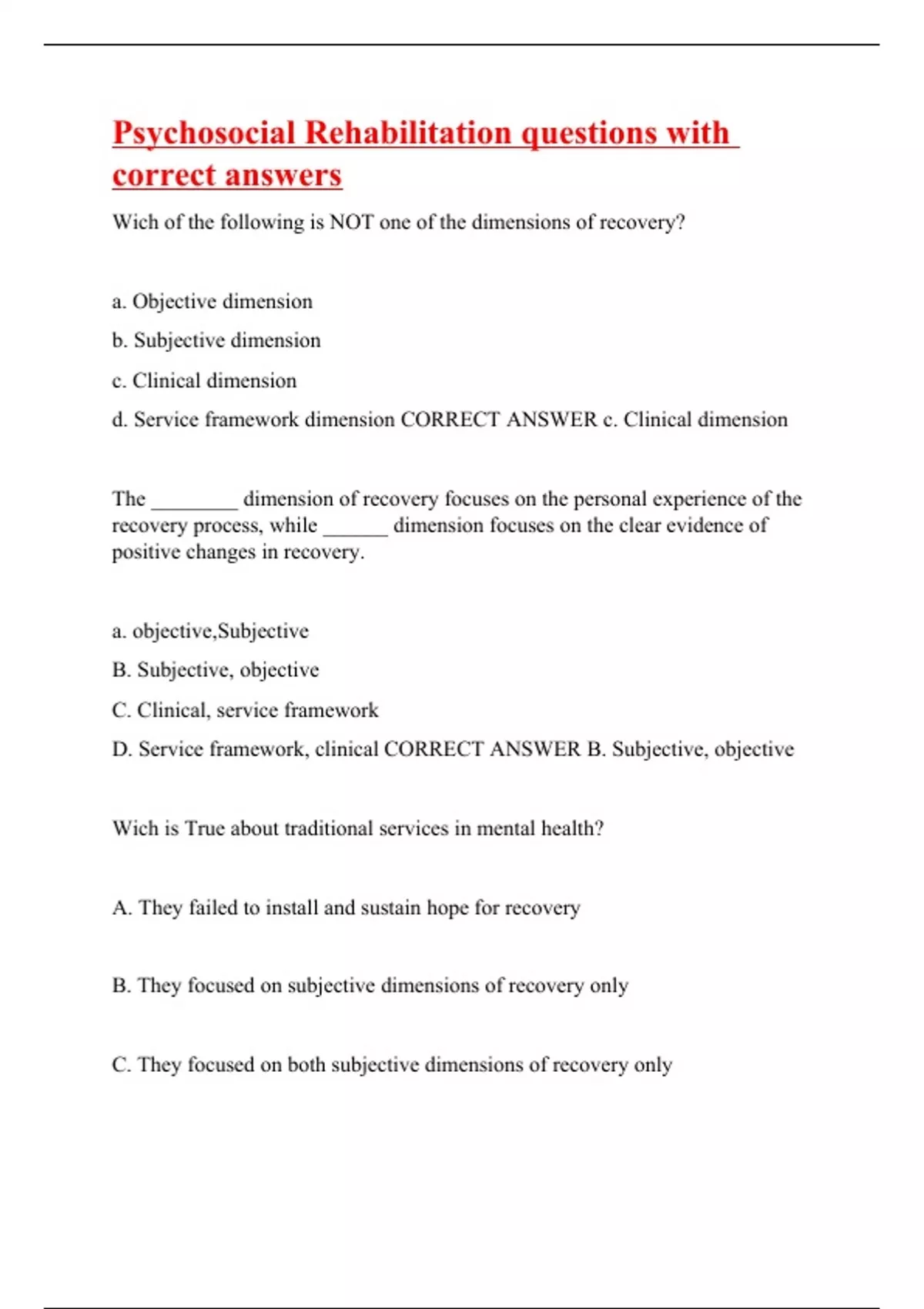 Psychosocial Rehabilitation questions with correct answers ...