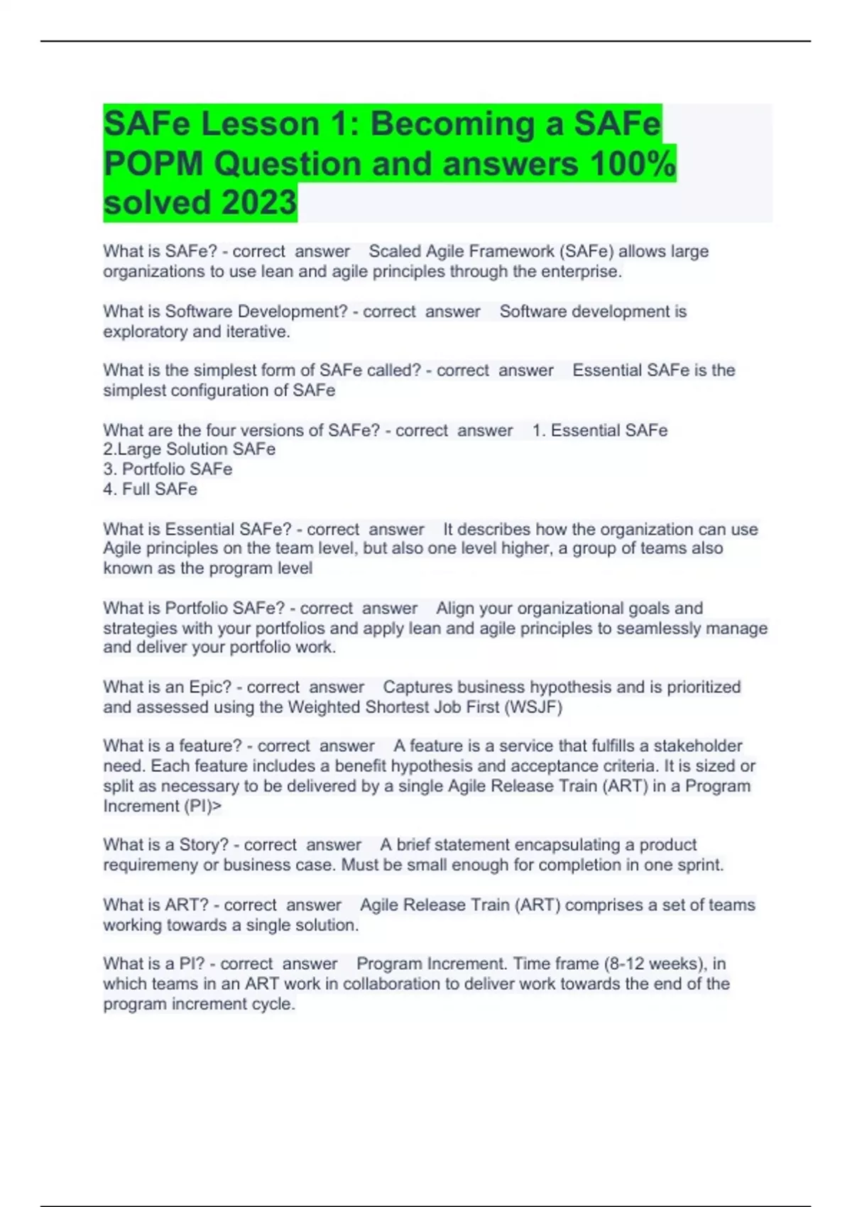 SAFe Lesson 1 Question and answers correctly solved 2023 - SAFE POPM ...