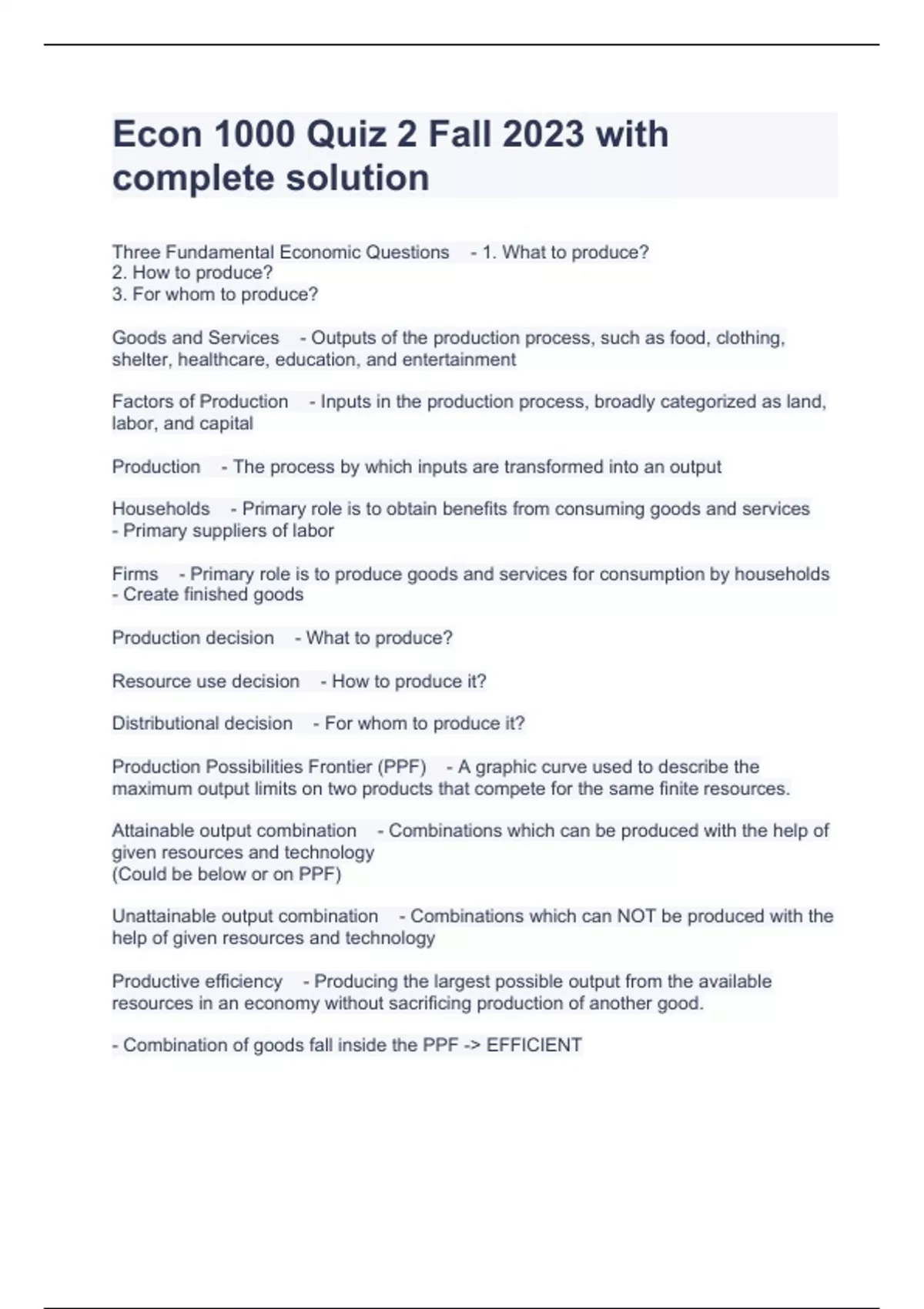 Econ 1000 Quiz 2 Fall 2023 with complete solution - Econ 1000 - Stuvia US