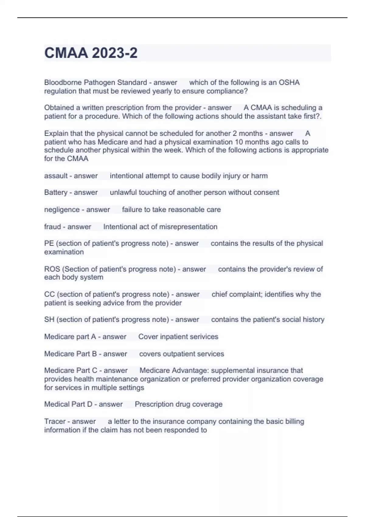 CMAA 2023 QUESTIONS WITH SOLUTIONS - CMAA - Stuvia US