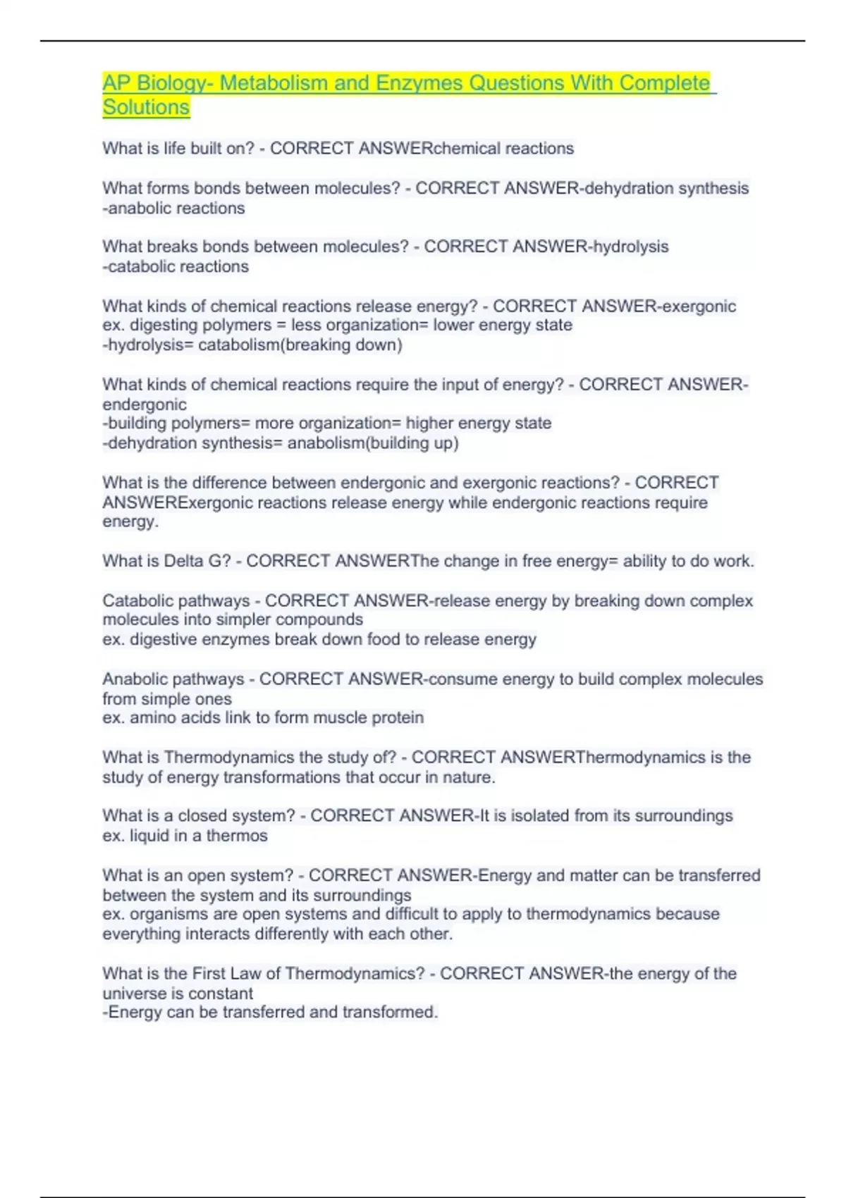 AP Biology- Metabolism and Enzymes Questions With Complete Solutions ...