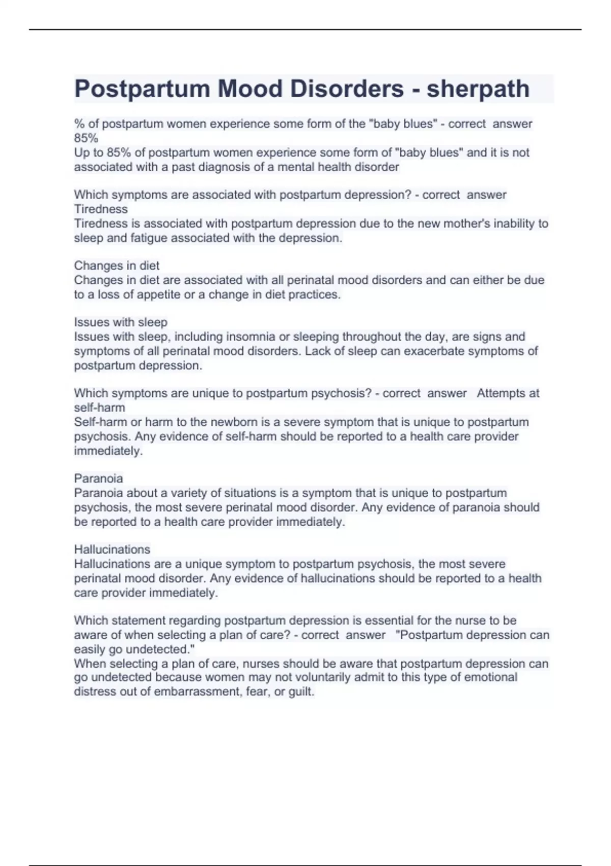 Postpartum Mood Disorders questions with well elaborated solutions 2023 ...