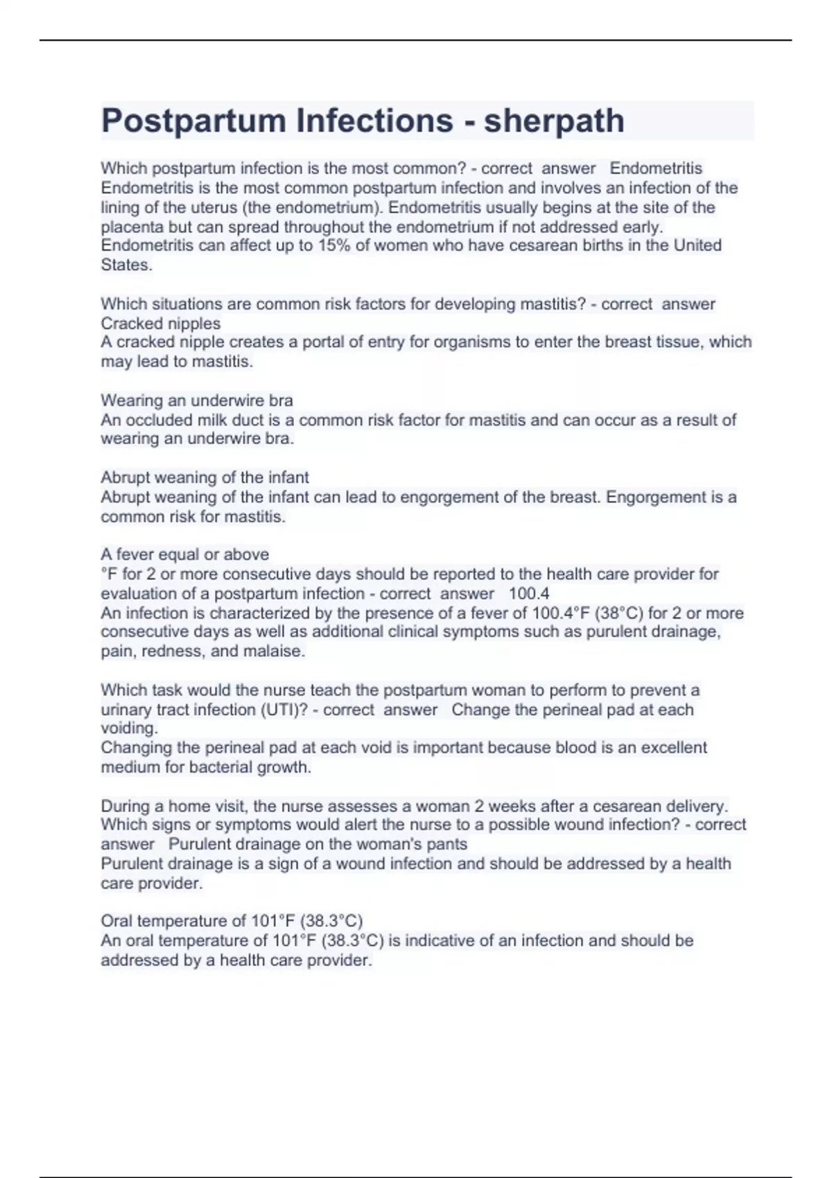 Postpartum Infections questions and answers 100% correct 2023 - SHERPATH THROMBOEMBOLIC - Stuvia US
