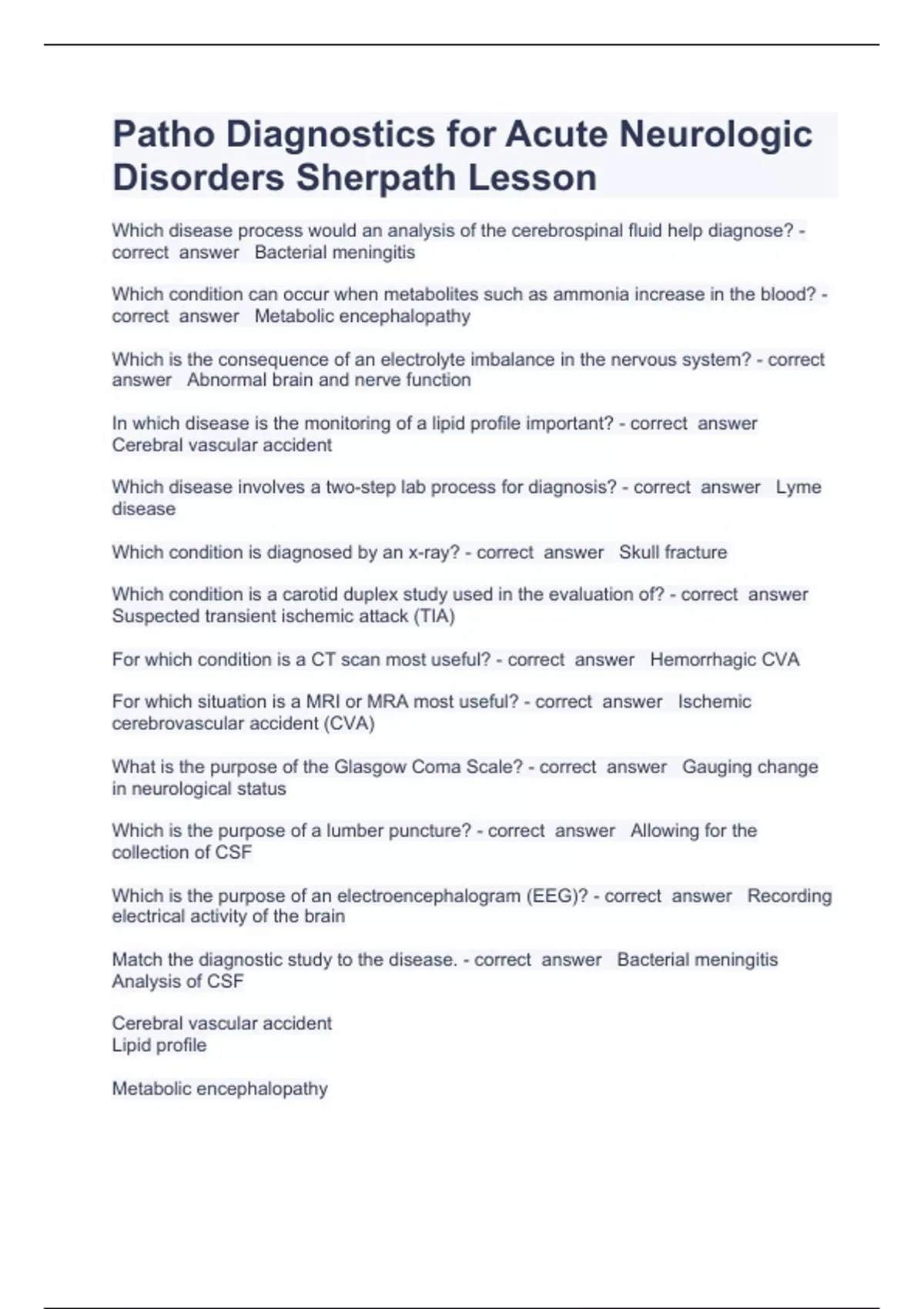Patho Diagnostics for Acute Neurologic Disorders Sherpath Lesson questions and answers vrified ...