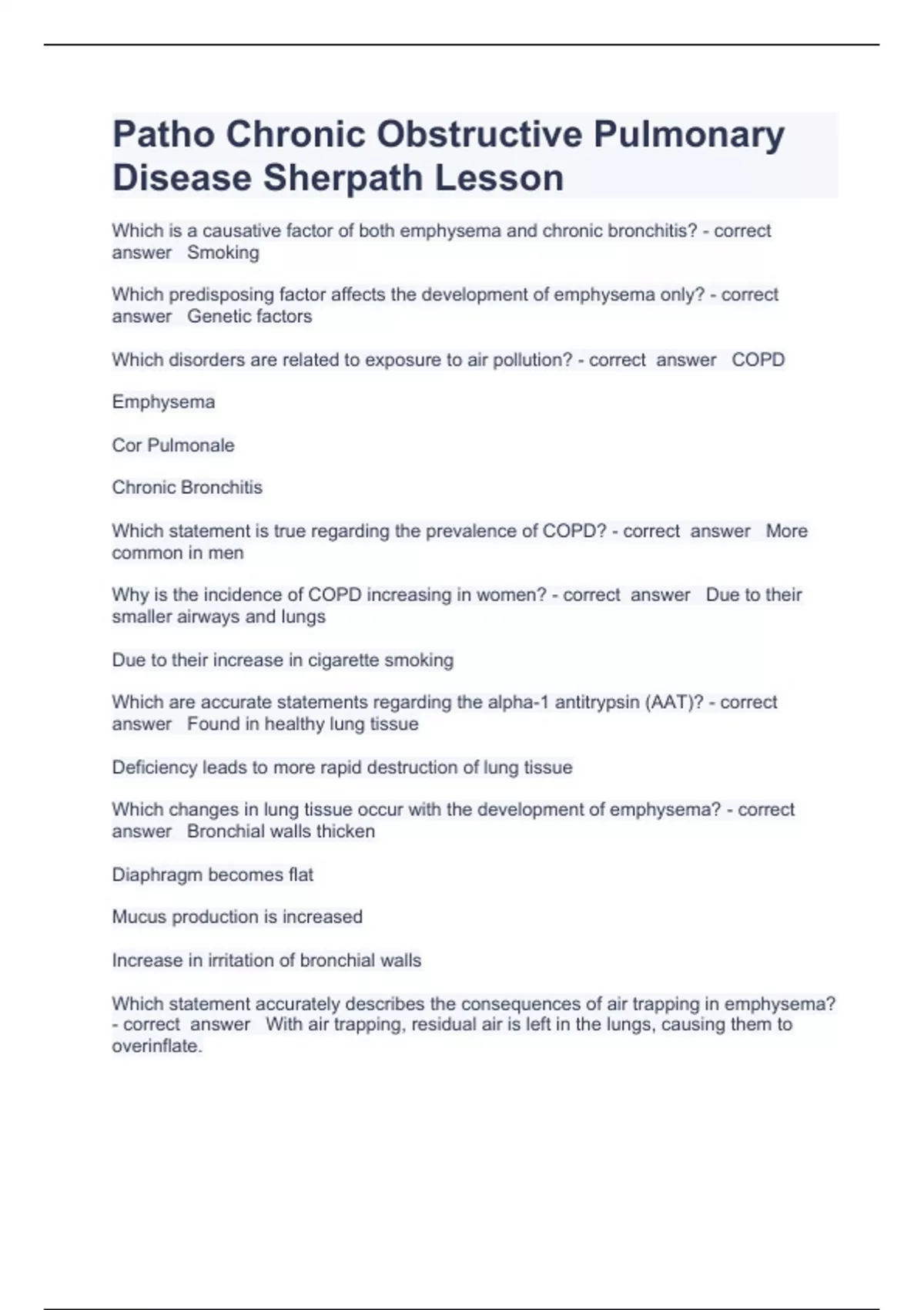 Patho Chronic Obstructive Pulmonary Disease Sherpath Lesson questions ...