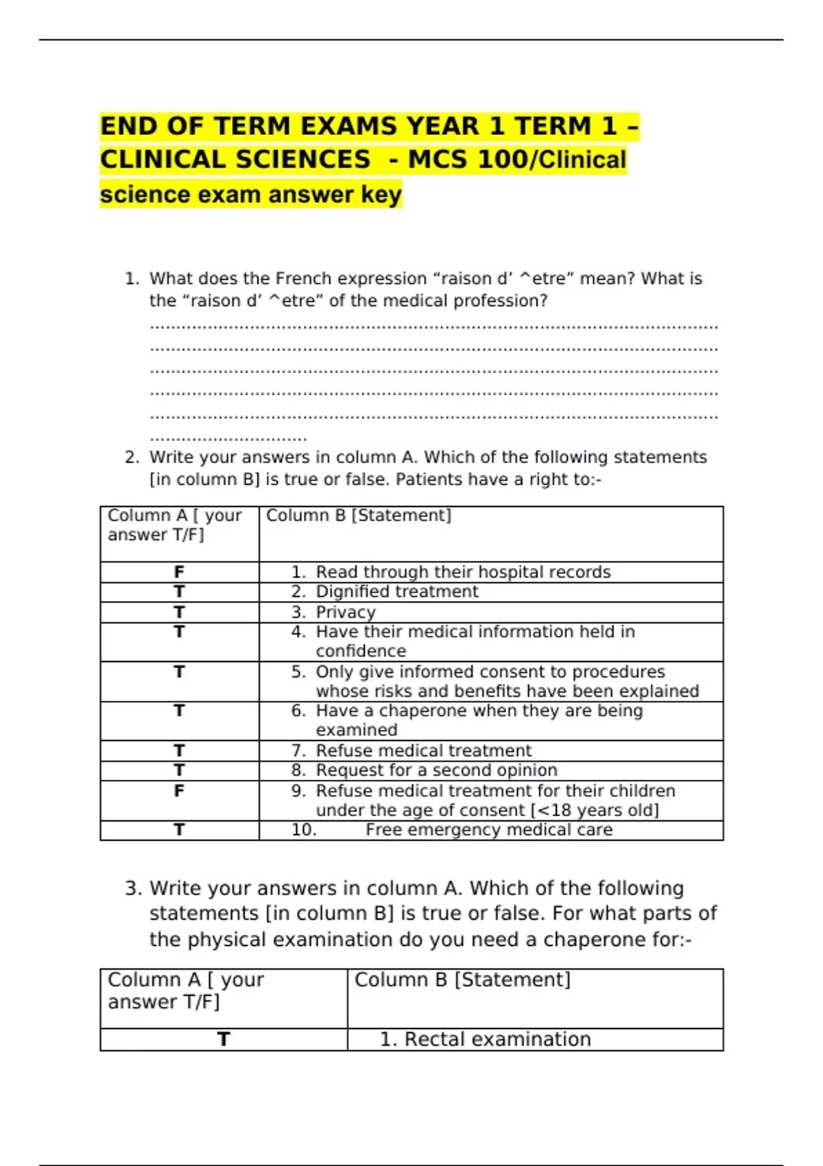 END OF TERM EXAMS YEAR 1 TERM 1 – CLINICAL SCIENCES - MCS 100/Clinical ...