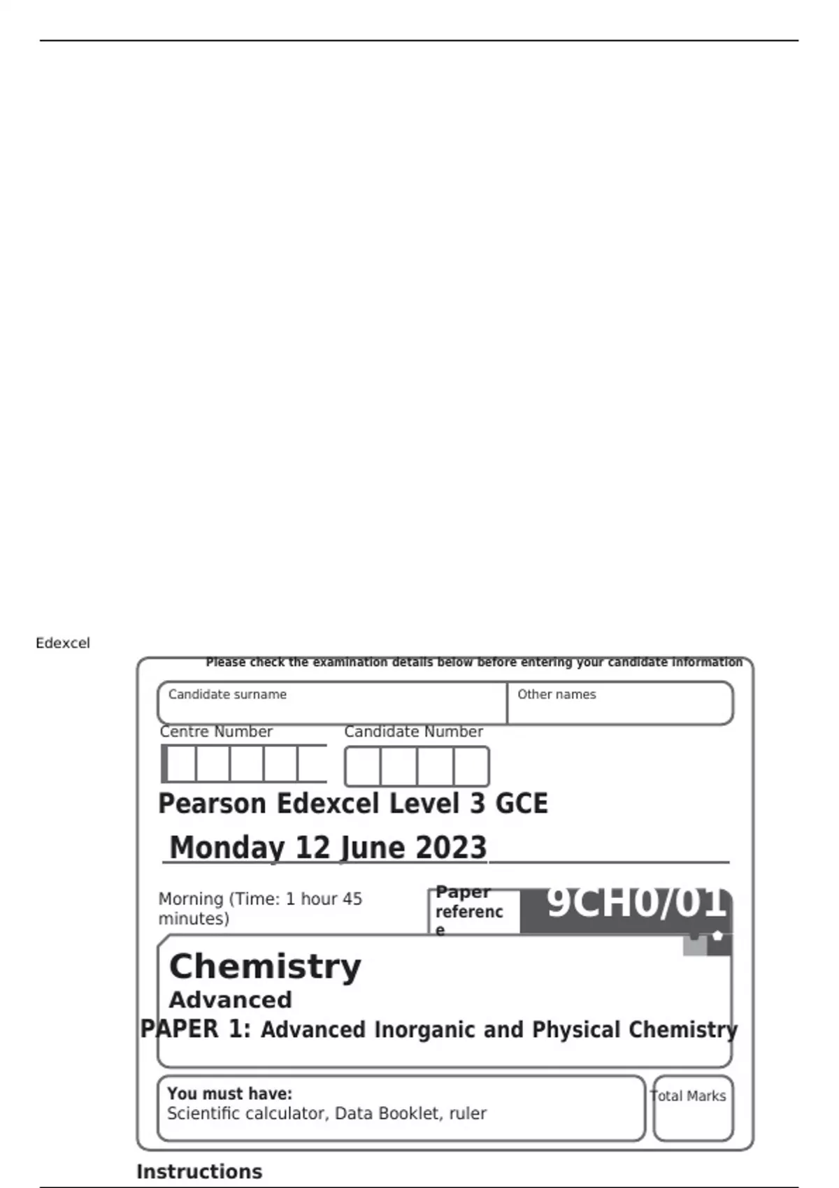 Pearson Edexcel Level 3 GCE Chemistry Advanced PAPER 1 JUNE 2023 ...