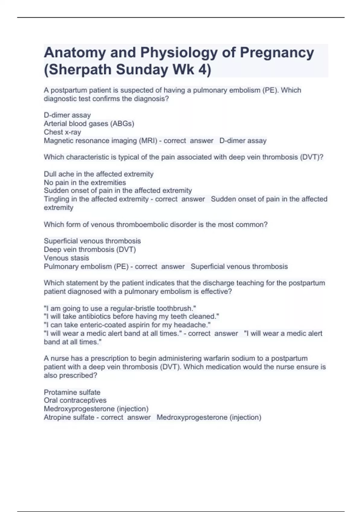 Anatomy and Physiology of Pregnancy questions with completed solutions ...