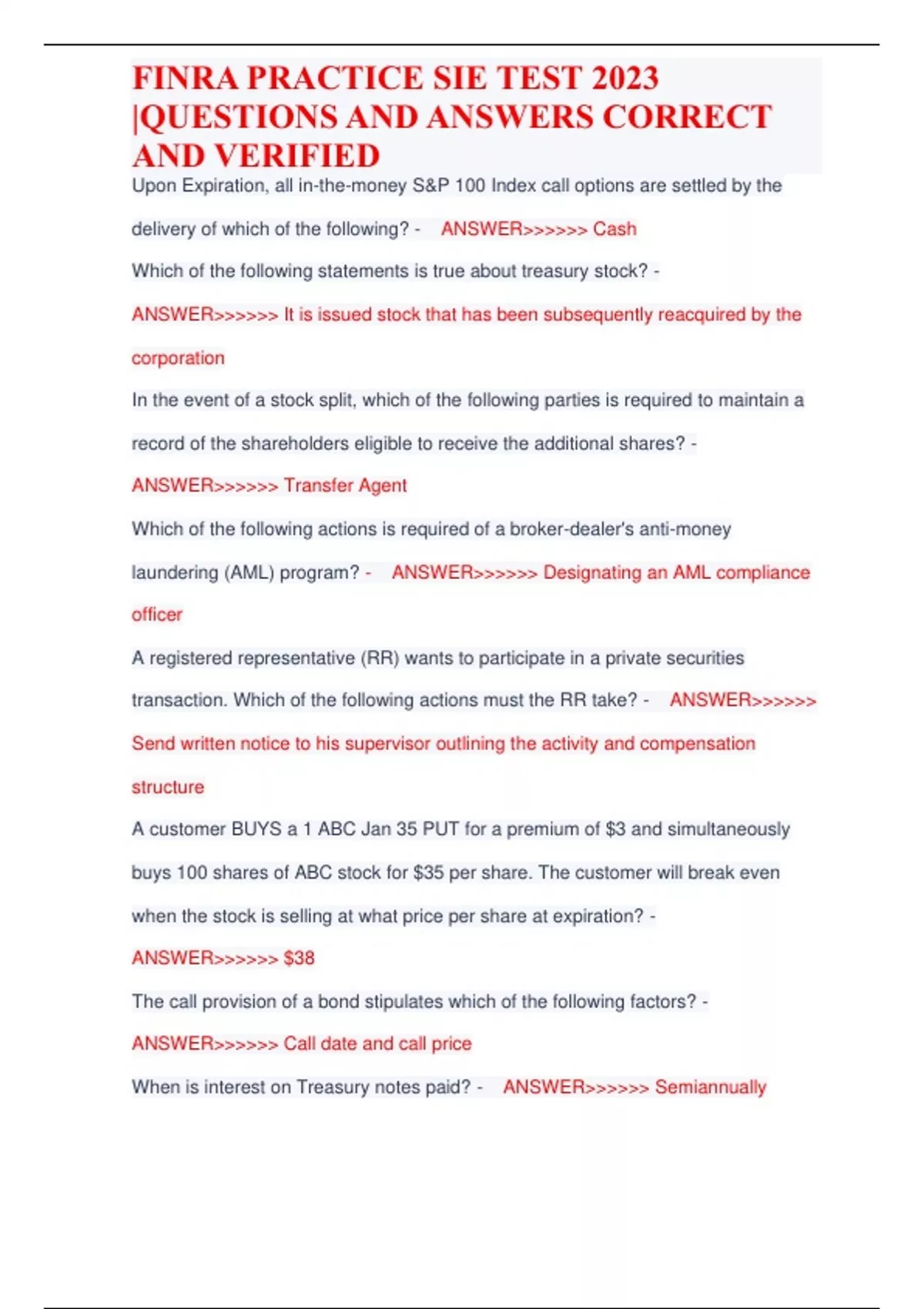 FINRA SIE PRACTICE TEST 2023 |QUESTIONS AND ANSWERS CORRECT AND ...