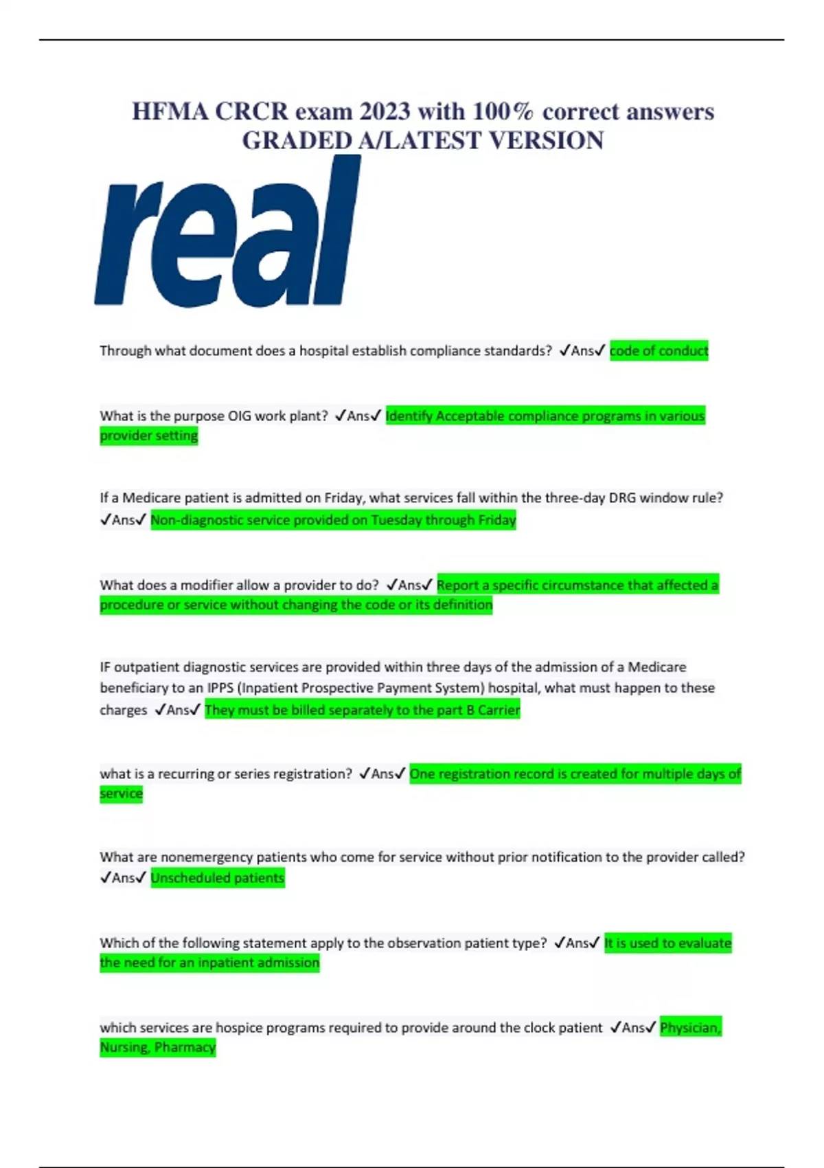 HFMA CRCR exam 2023 with 100% correct answers GRADED A/LATEST VERSION ...