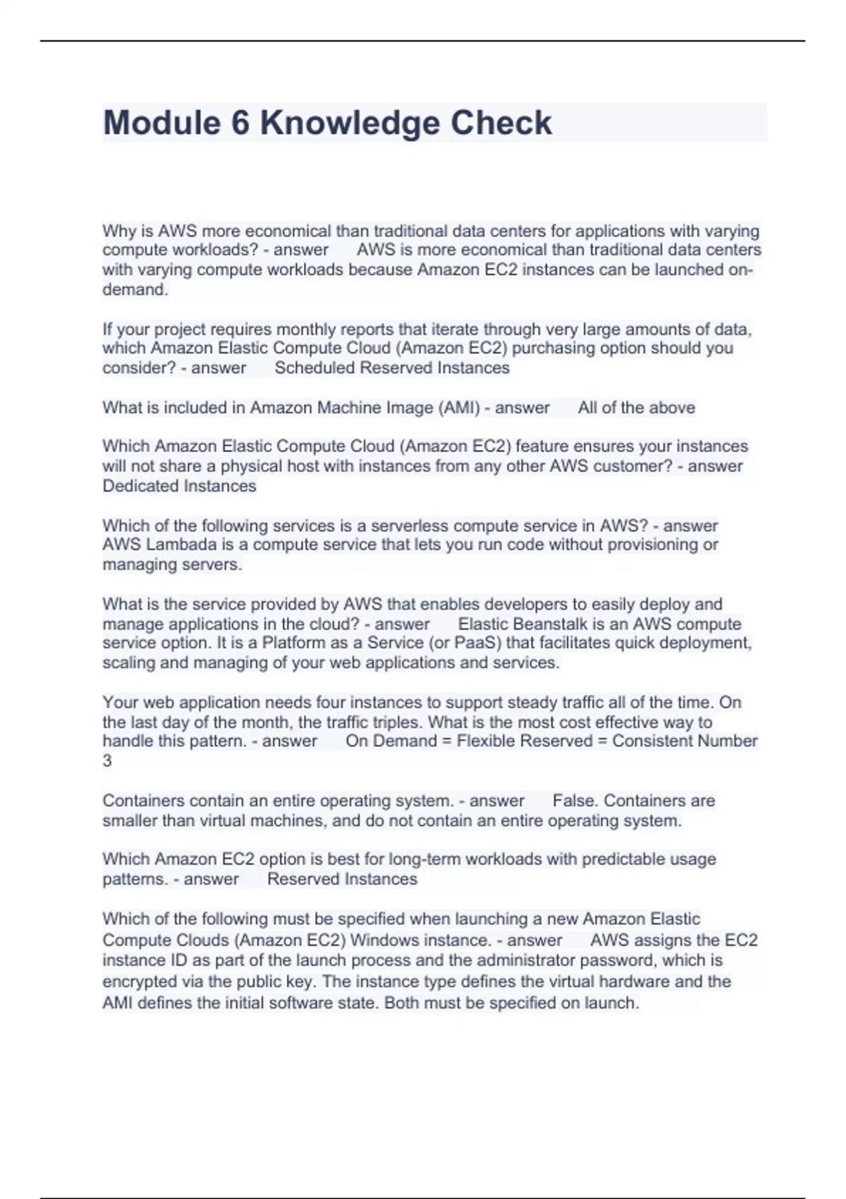 Module 6 Knowledge Check Questions with solutions 2023 - AWS - Stuvia US