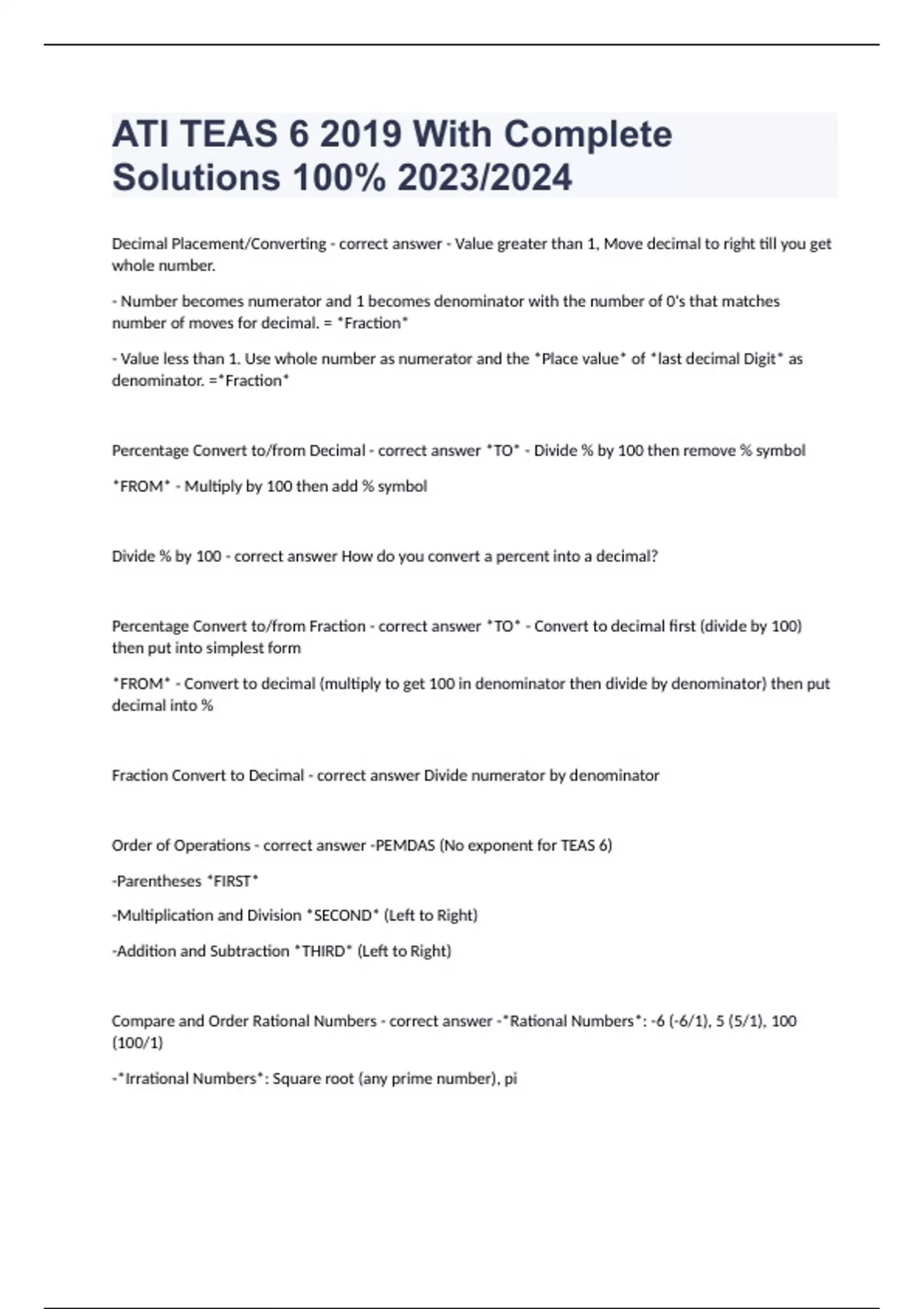 ATI TEAS 6 2019 With Complete Solutions 100% 2023/2024 - ATI Teas ...