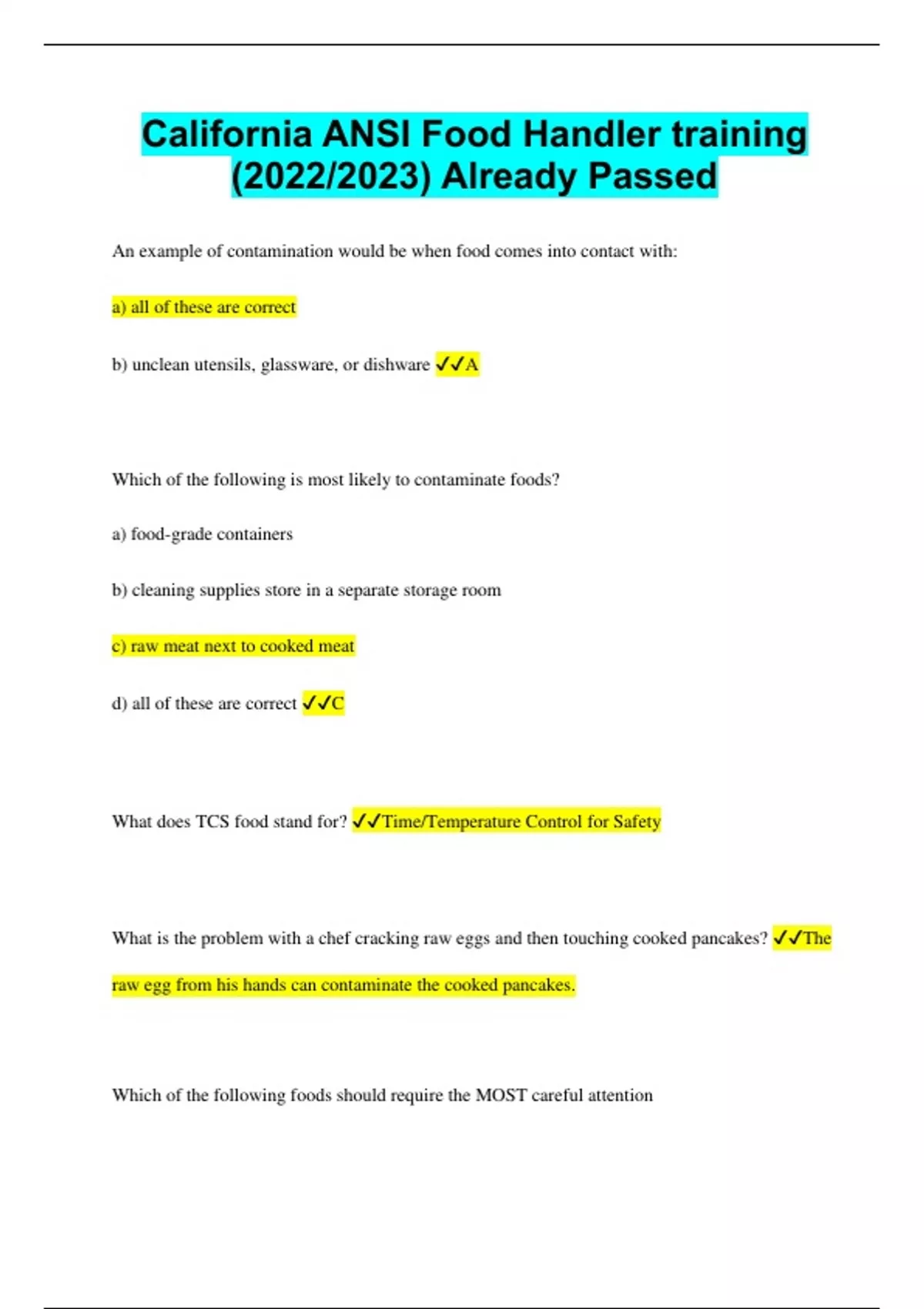 California ANSI Food Handler training (2023/2024) Already Passed ...
