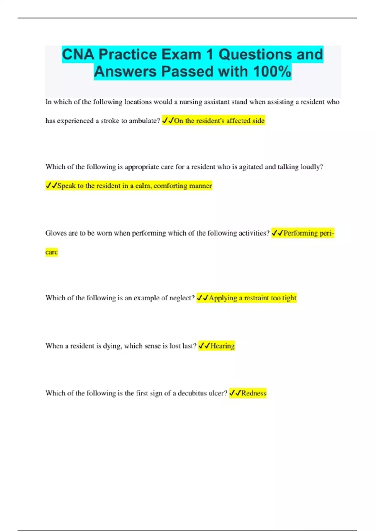 CNA Practice Exam 1 Questions and Answers Passed with 100% - CNA - Certified Nursing Assistant ...