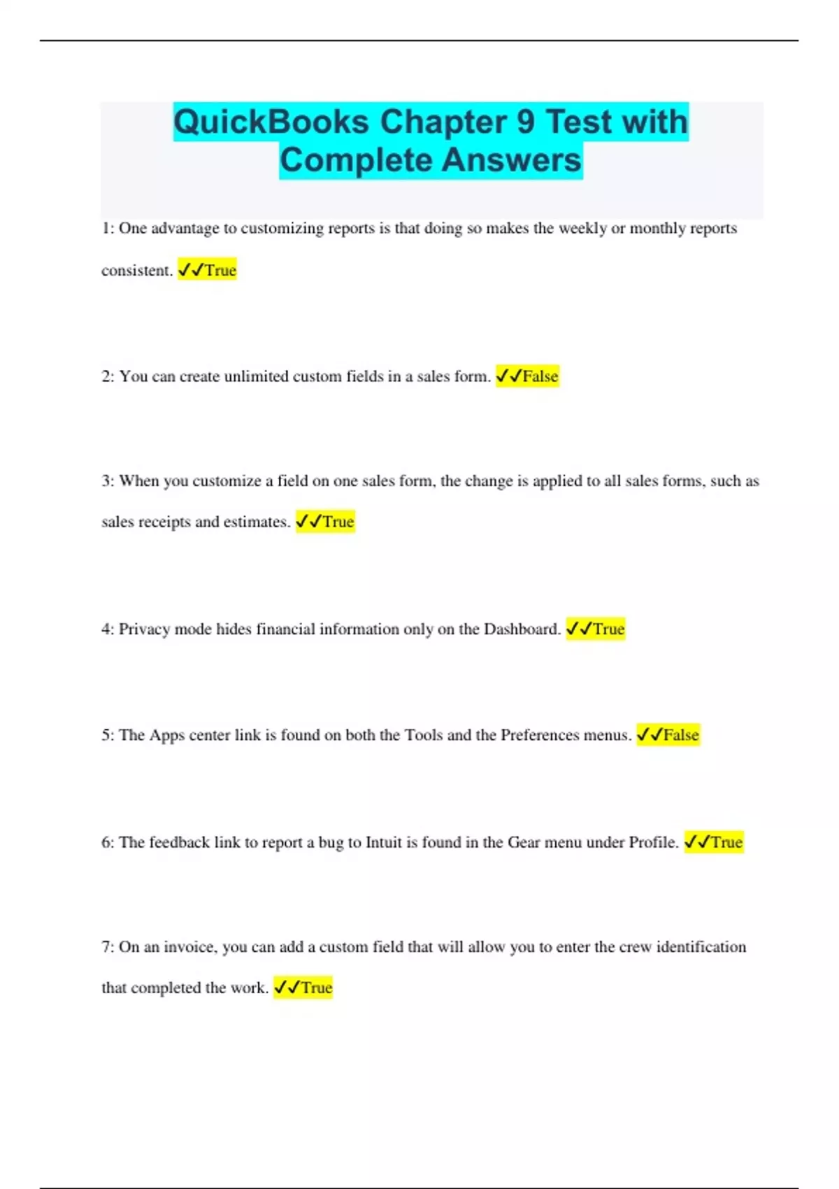 QuickBooks Chapter 9 Test with Complete Answers - QuickBooks - Stuvia US