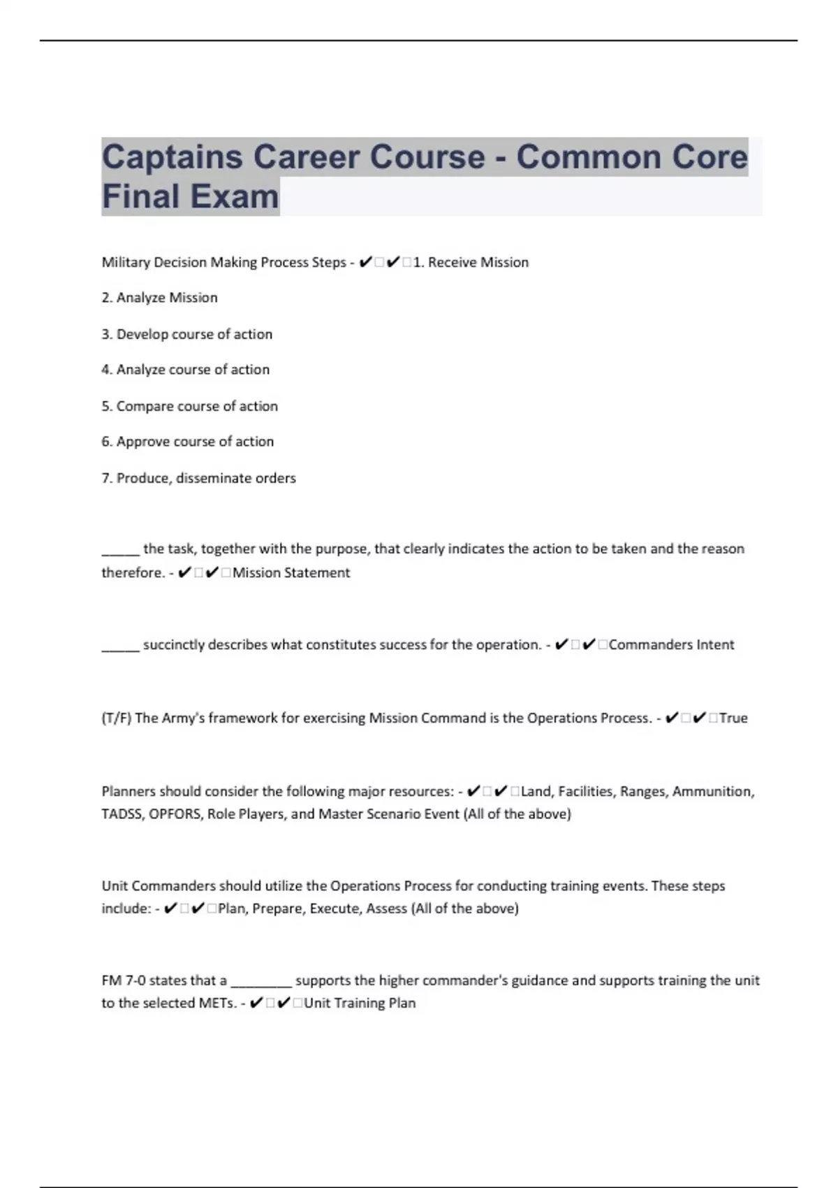 Captains Career Course Common Core 92 Final Exam Questions With 100 Correct Answers Updated