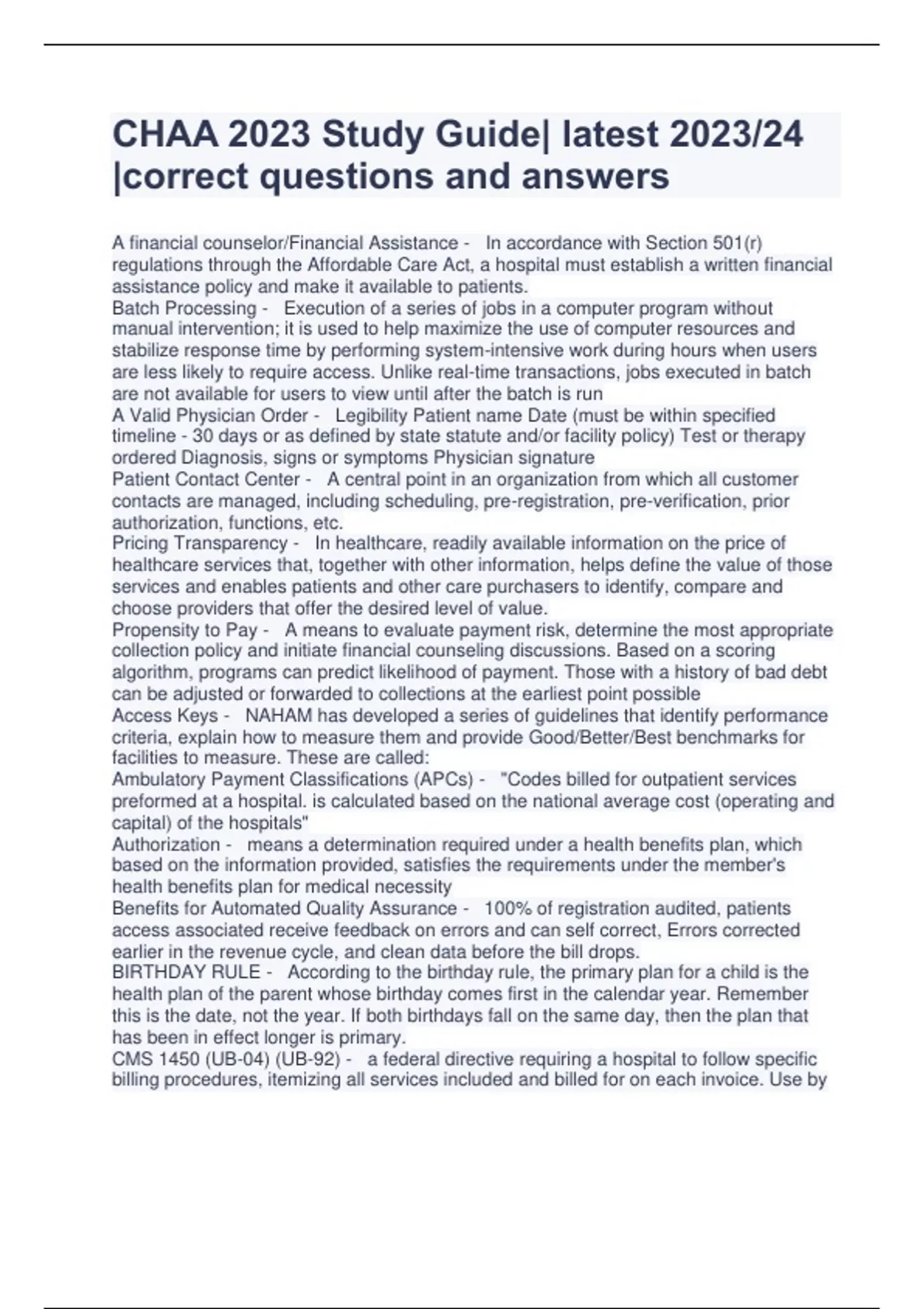 CHAA 2023 Study Guide| latest 2023/24 |correct questions and answers ...