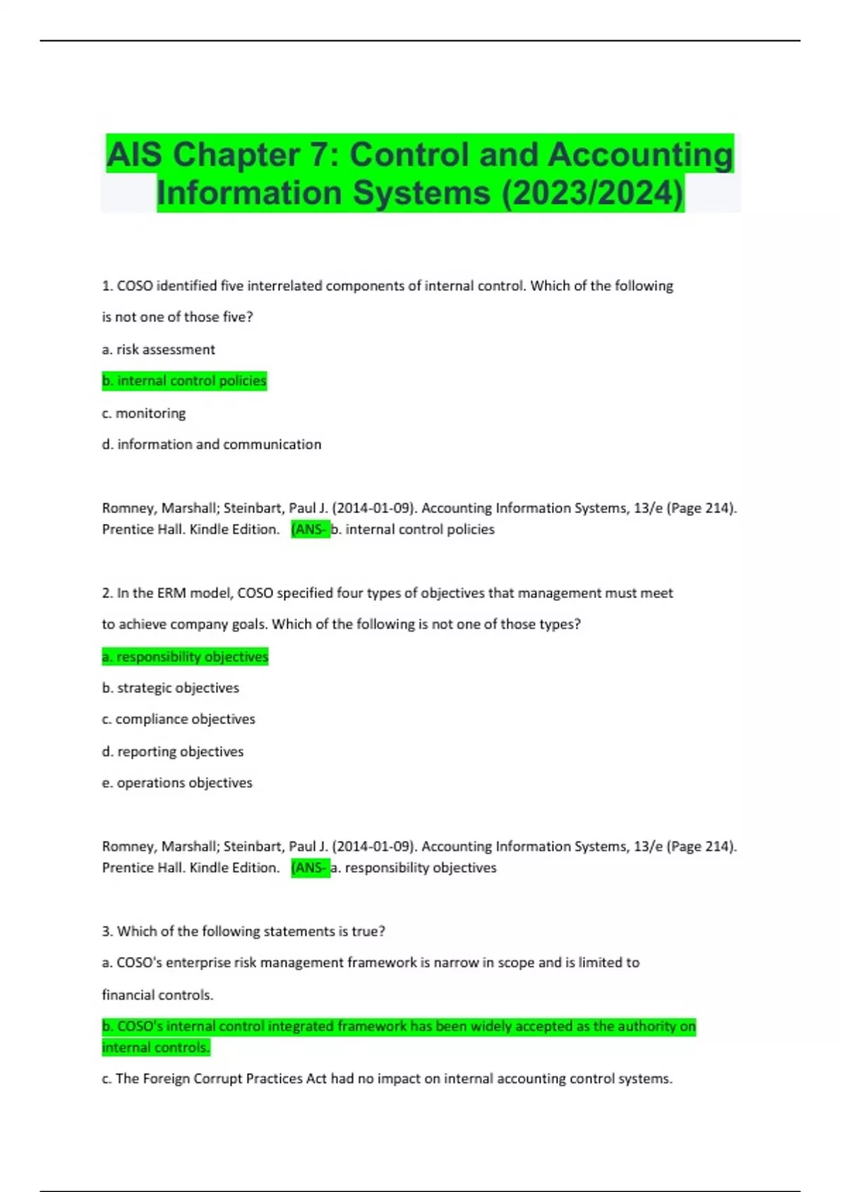AIS Chapter 7: Control and Accounting Information Systems (2023/2024) - AIS Chapter 7 - Stuvia US