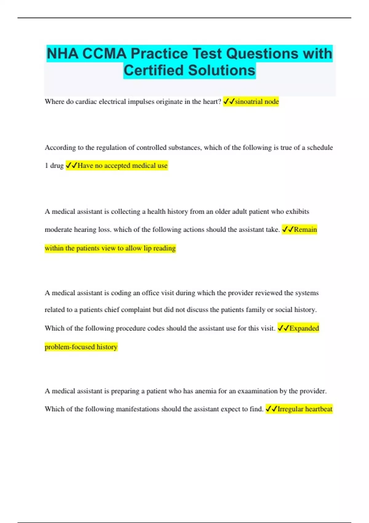 NHA CCMA Practice Test Questions with Certified Solutions - NHA CCMA ...