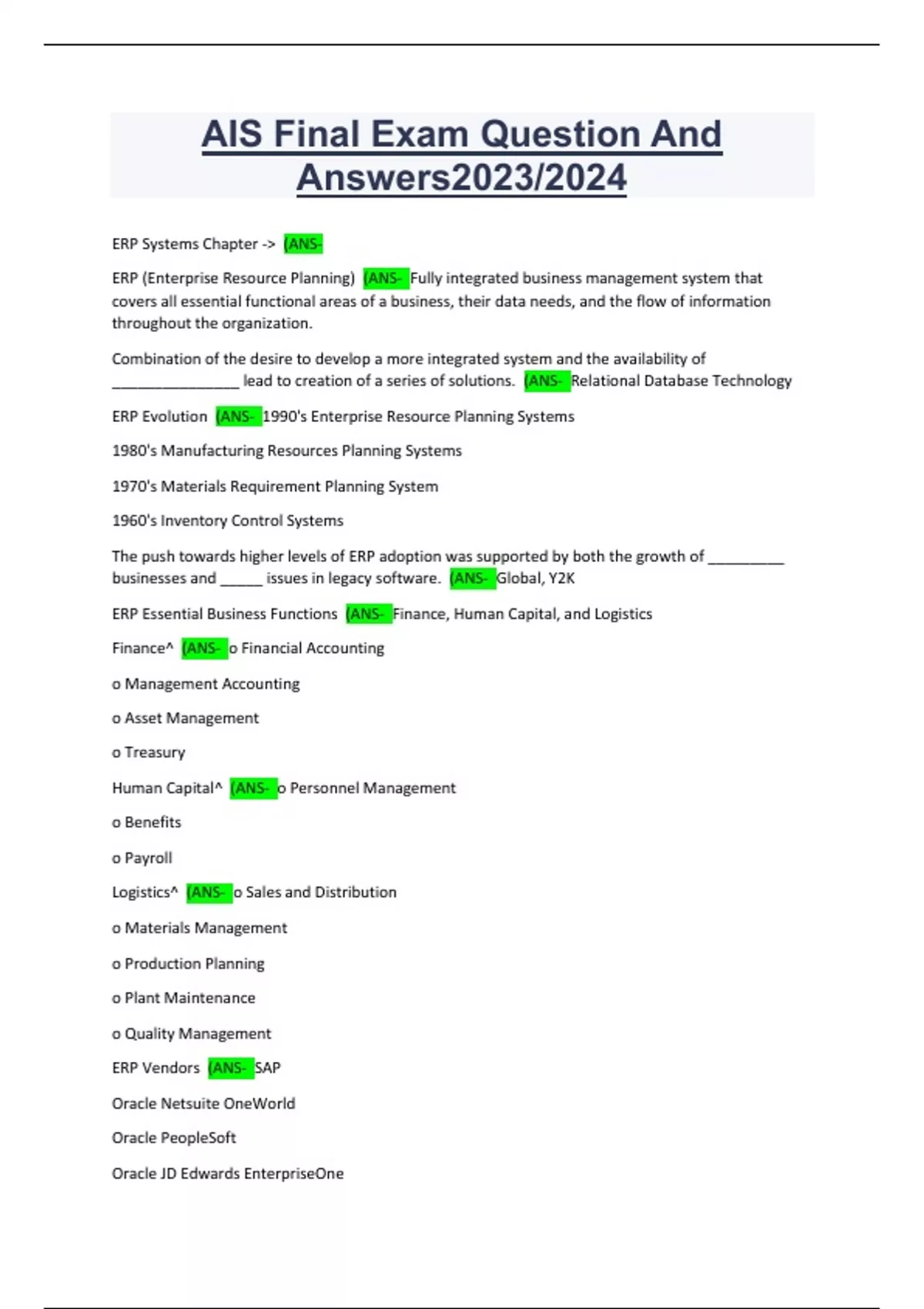AIS Final Exam Question And Answers2023/2024 - AIS. - Stuvia US