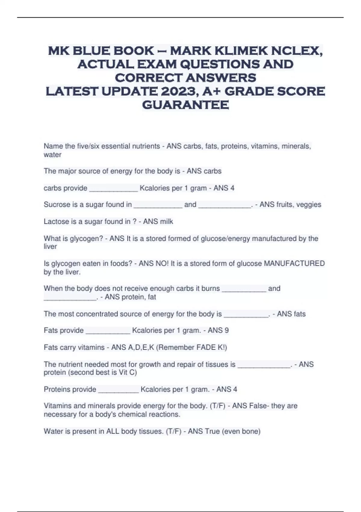 MK BLUE BOOK – MARK KLIMEK NCLEX, ACTUAL EXAM QUESTIONS AND CORRECT ...