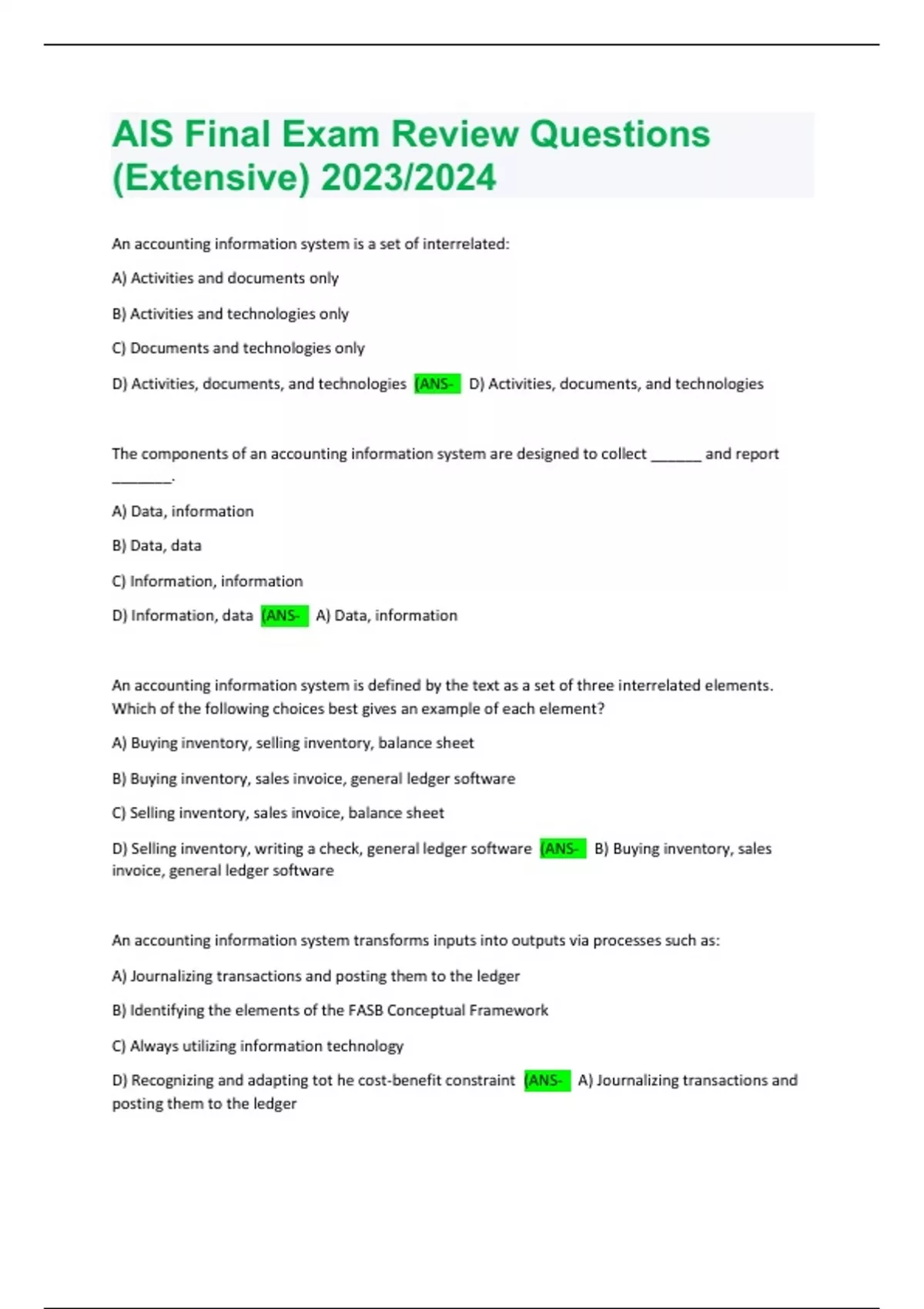 AIS Final Exam Review Questions (Extensive) 2023/2024 - AIS. - Stuvia US