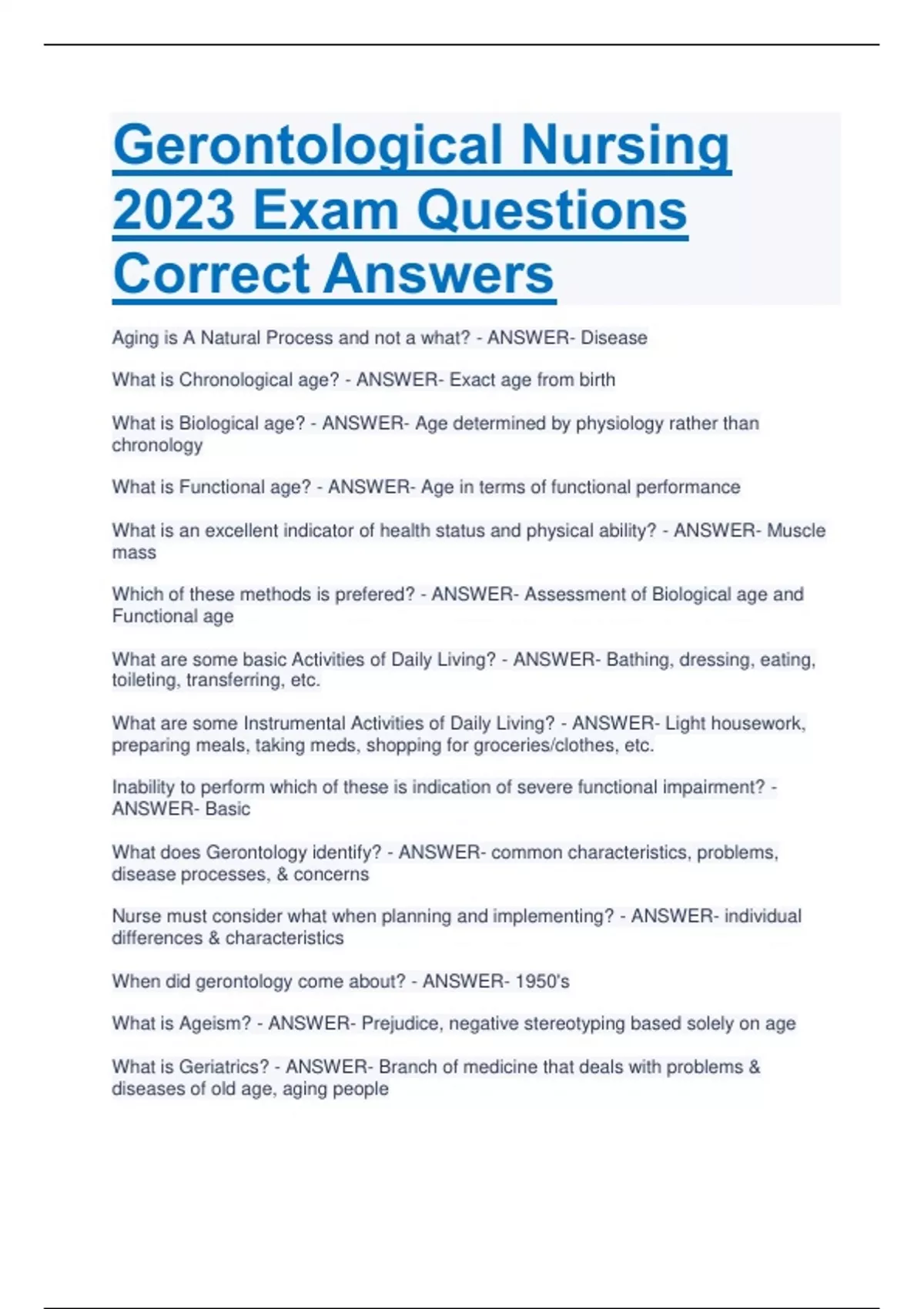Gerontological Nursing 2023 Exam Questions Correct Answers ...