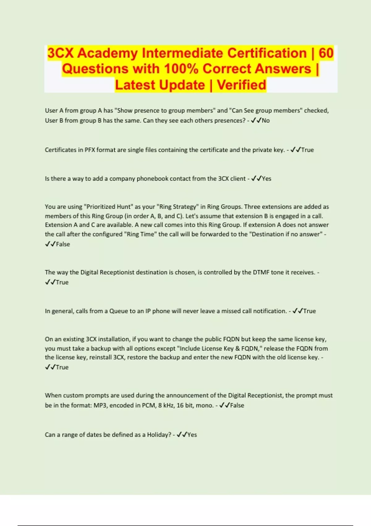 3CX Academy Intermediate Certification | 60 Questions with complete ...