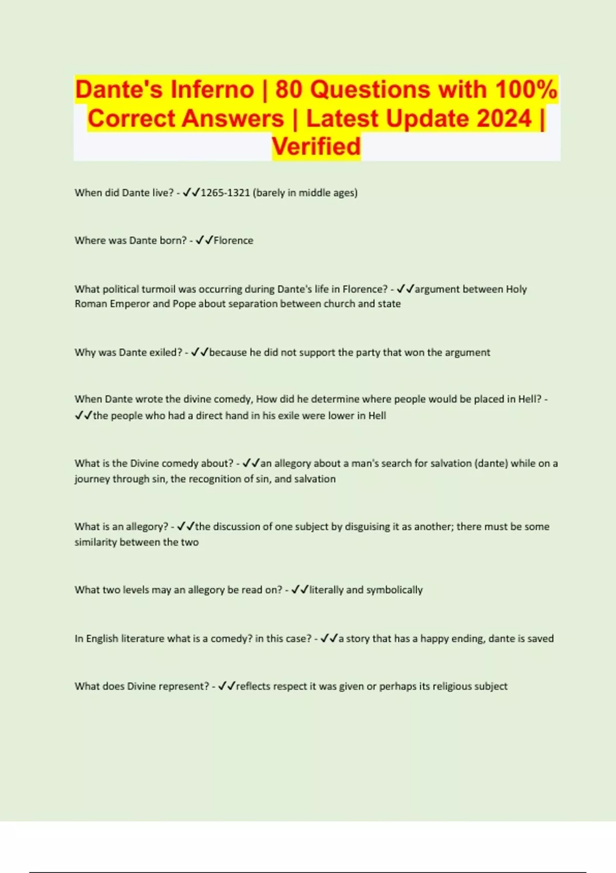 Dante's Inferno | 80 Questions with 100% Correct Answers | Latest ...
