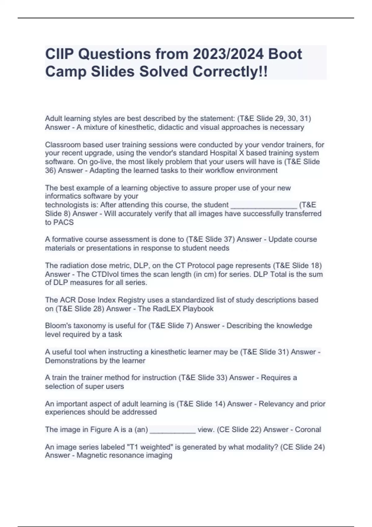 CIIP Questions from 2023/2024 Boot Camp Slides Solved Correctly!! - CIIP - Stuvia US