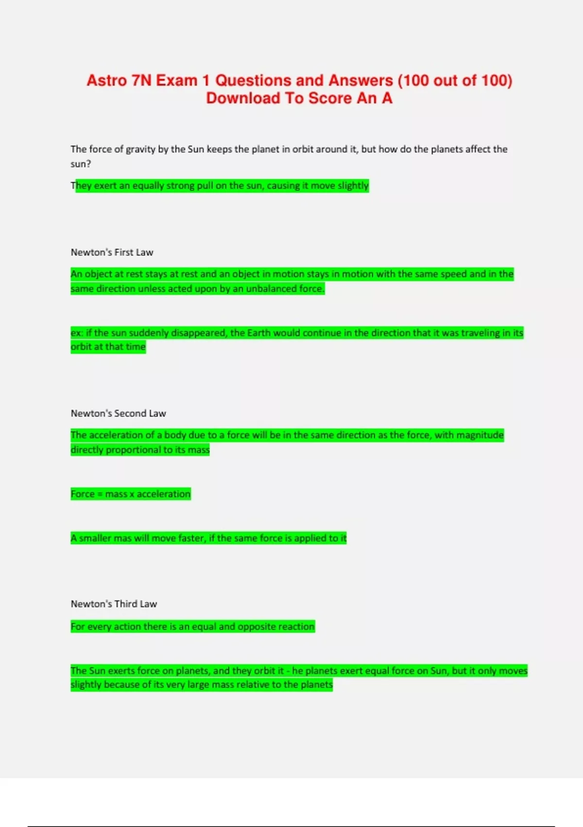 Astro 7N Exam 1 Questions and Answers (100 out of 100) Download To ...