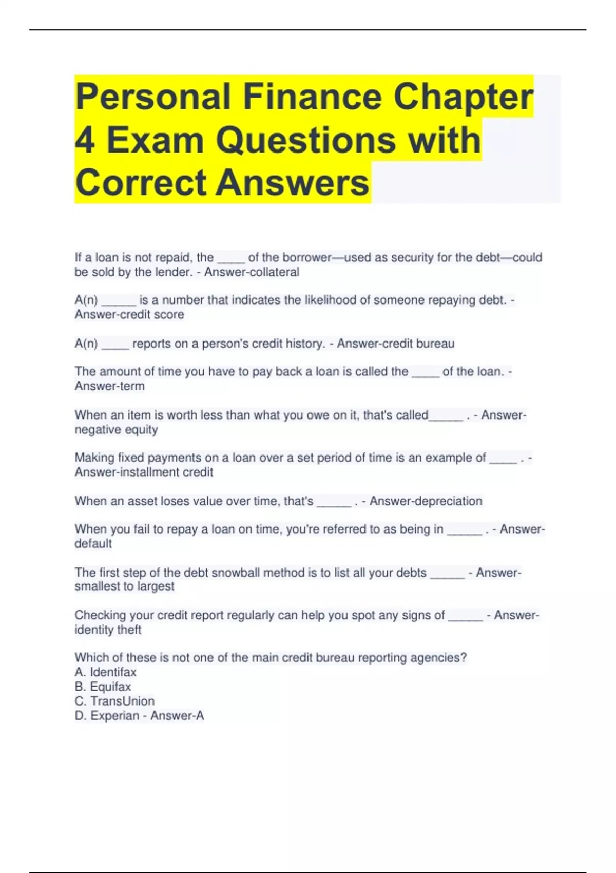 Personal Finance Chapter 4 Exam Questions with Correct Answers ...