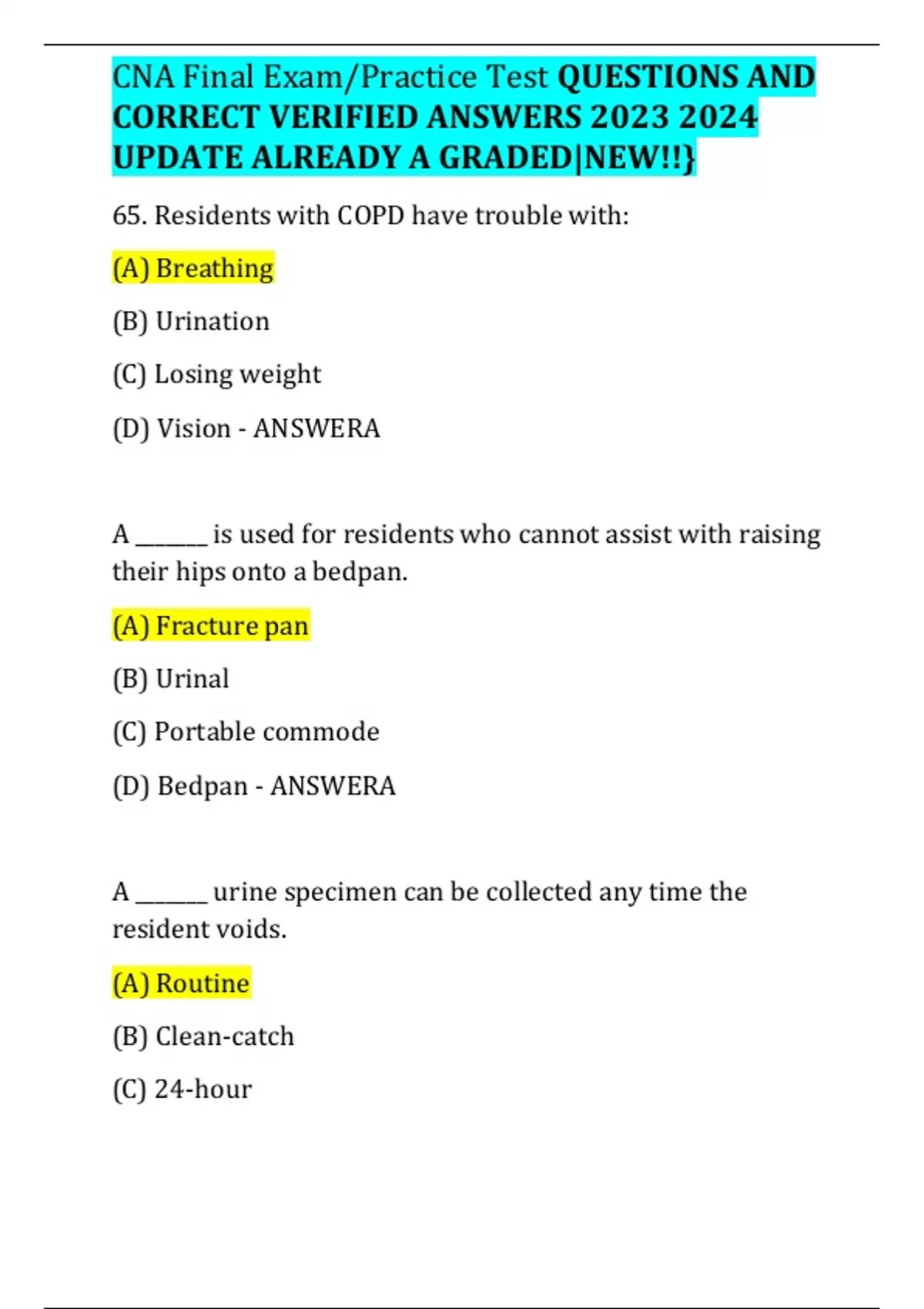 CNA Final Exam/Practice Test QUESTIONS AND CORRECT VERIFIED ANSWERS ...
