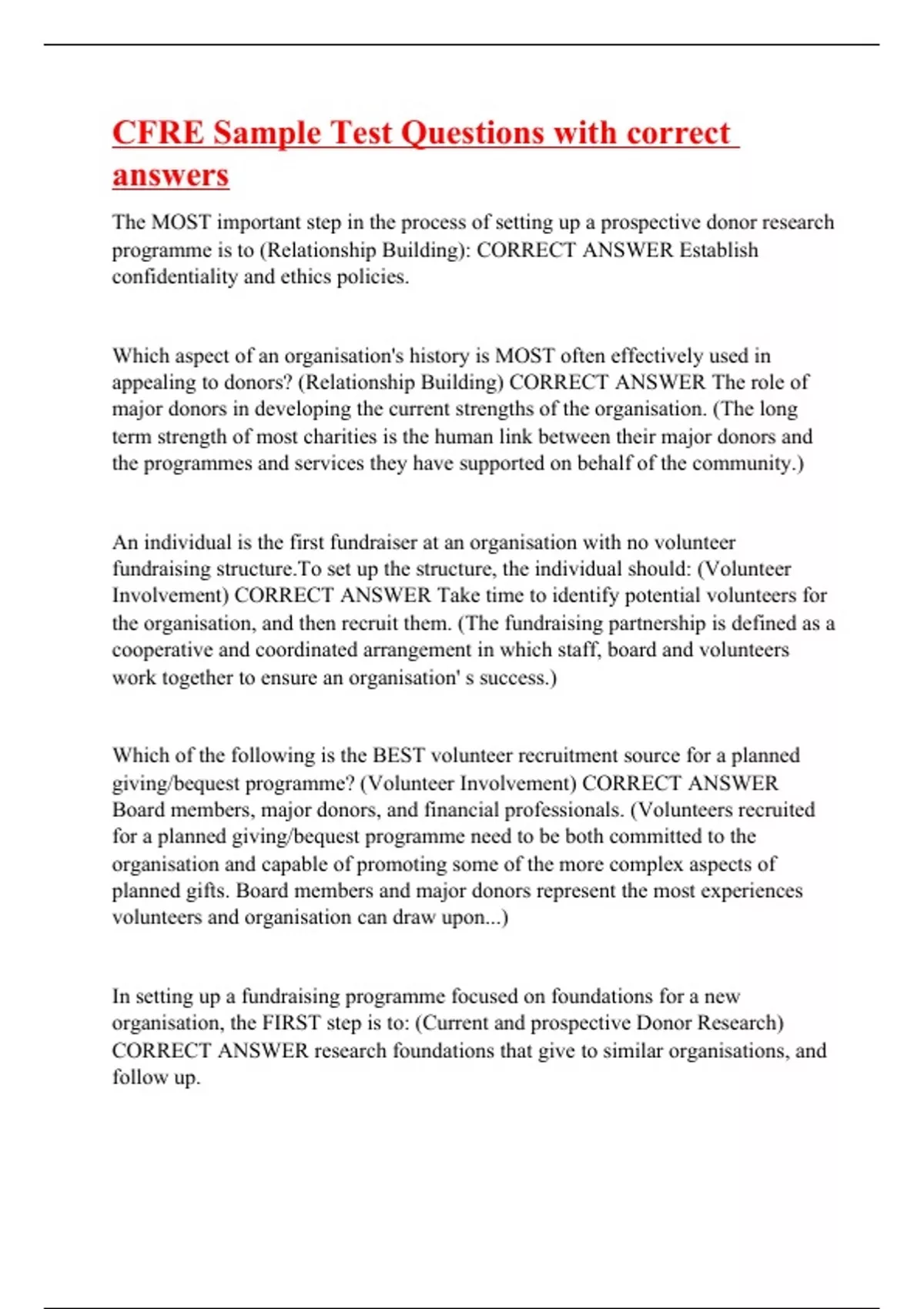 CFRE Sample Test Questions with correct answers - CFRE - Certified ...