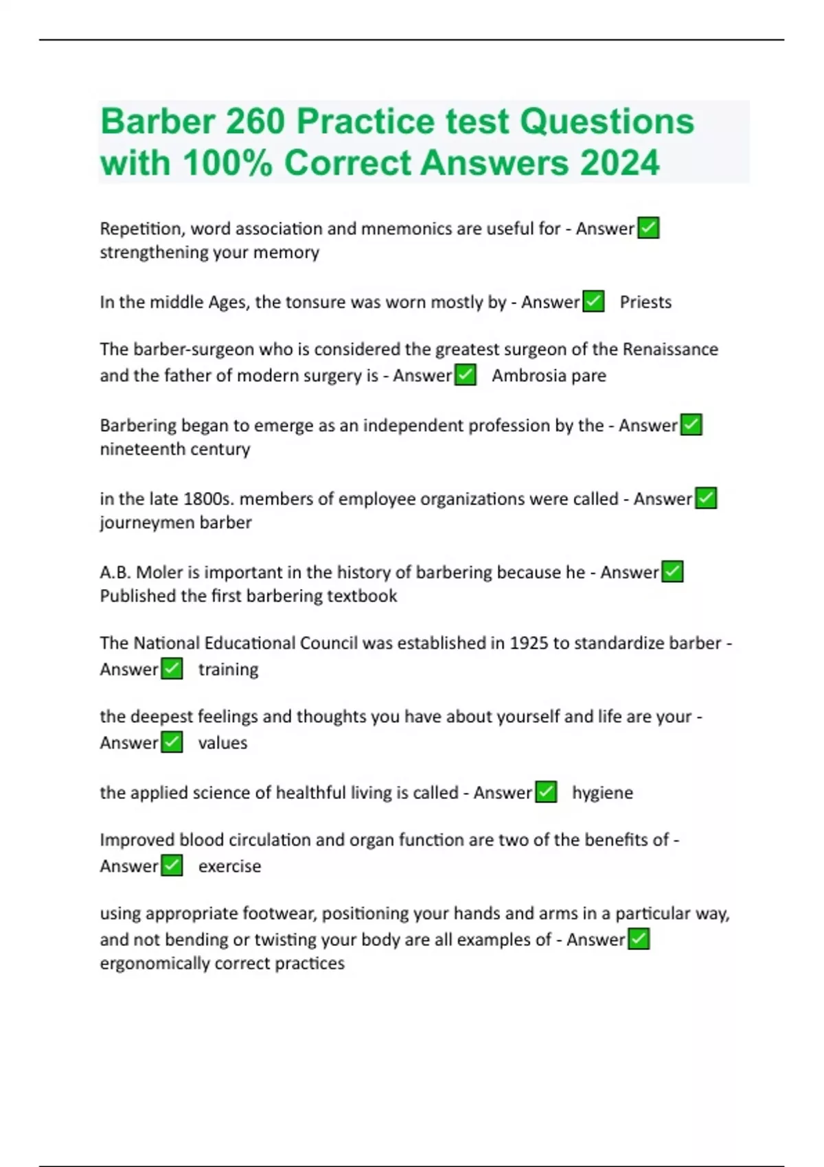Barber 260 Practice test Questions with 100% Correct Answers 2024 ...