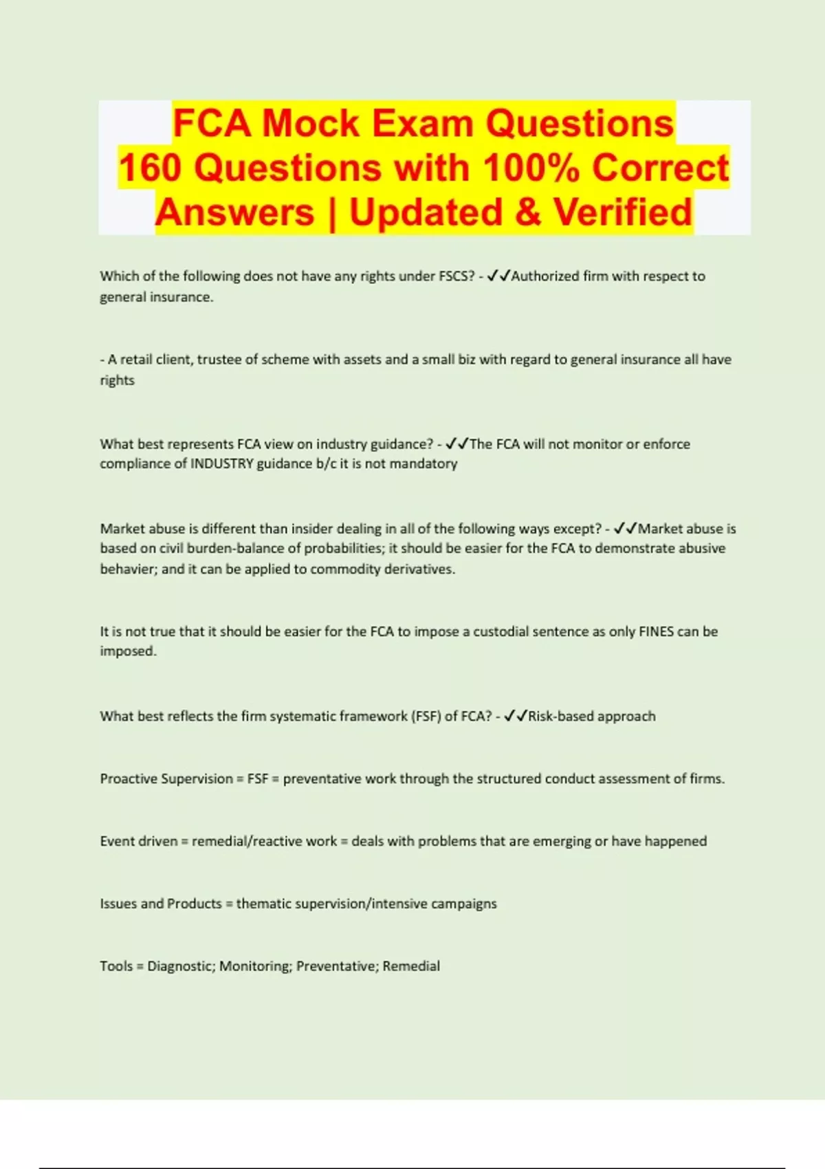 FCA Mock Exam Questions 160 Questions with 100% Correct Answers | Updated & Verified - FCA Mock ...