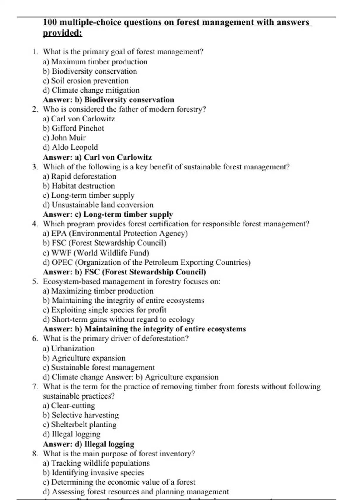 100 Multiple Choice Questions on Forest Management: What You Need to ...