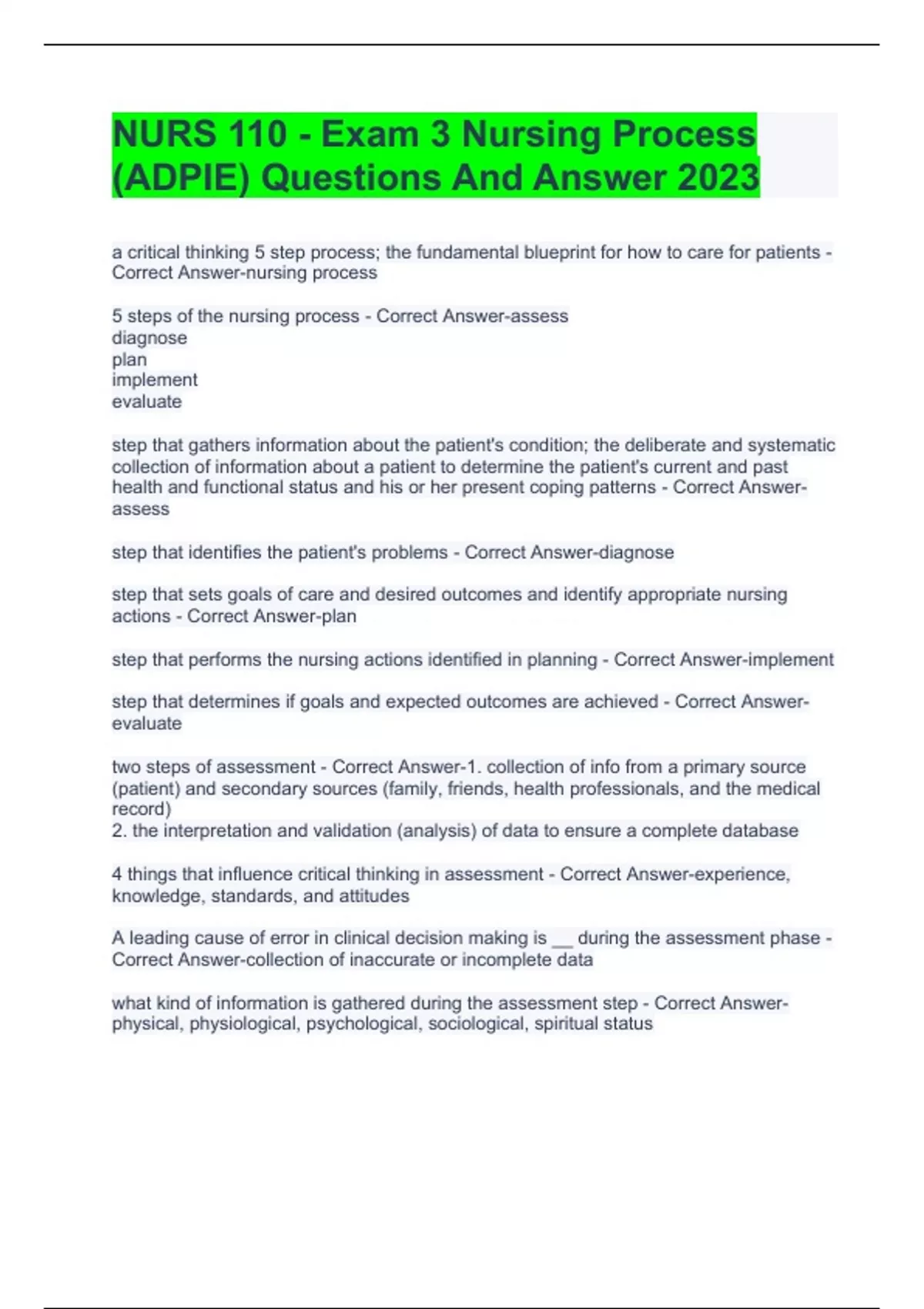 Nurs 110 Exam 3 Nursing Process Adpie Questions And Answer 2023 Nurs 110 Stuvia Us