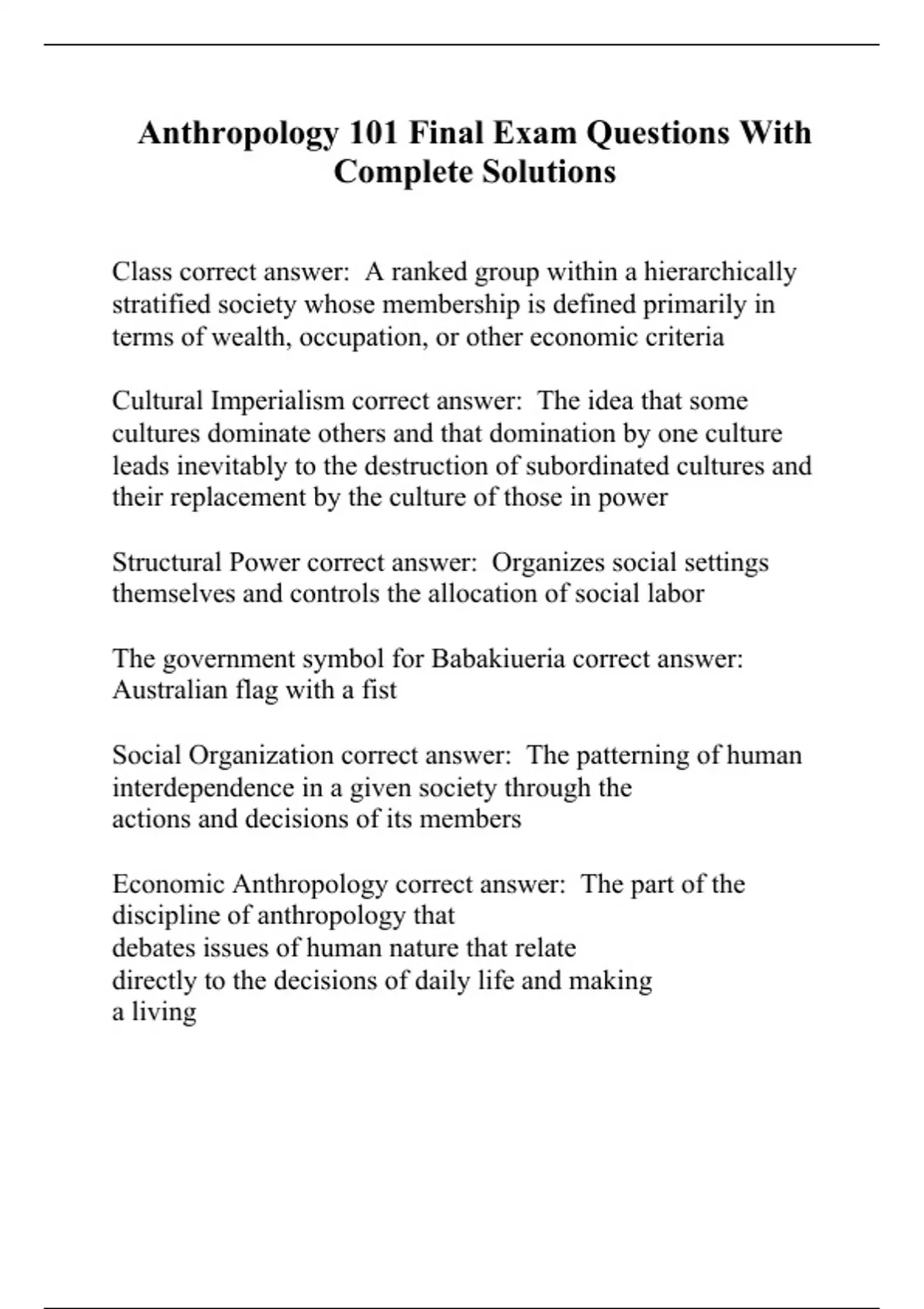 Anthropology 101 Final Exam Questions With Complete Solutions ...