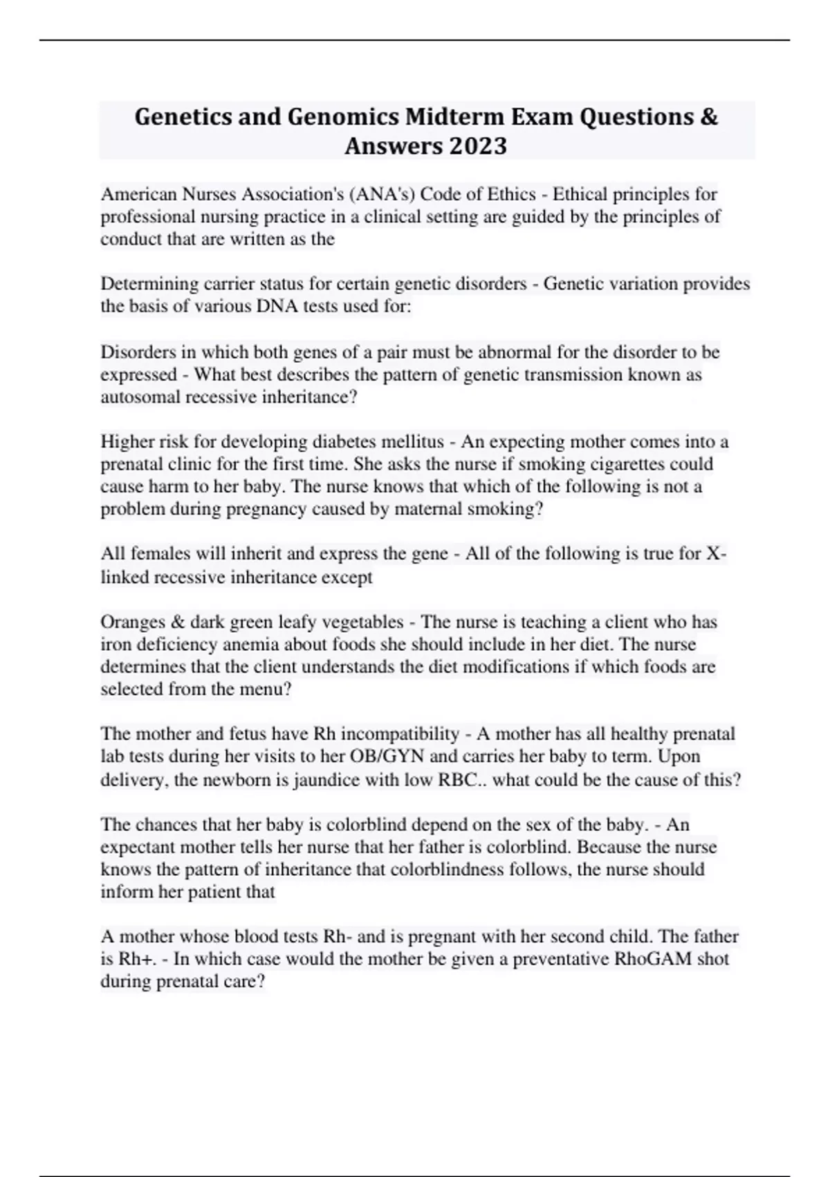 Genetics and Genomics Midterm Exam Questions & Answers 2023 - Genetics ...