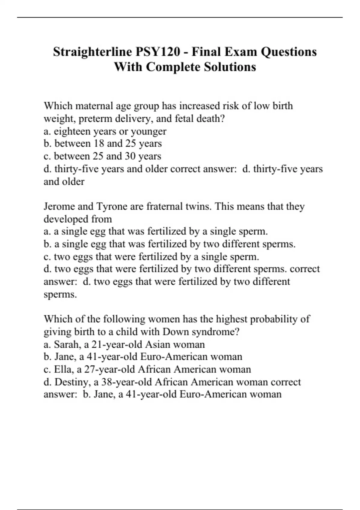 Straighterline PSY120 - Final Exam Questions With Complete Solutions - PSY120 - Stuvia US