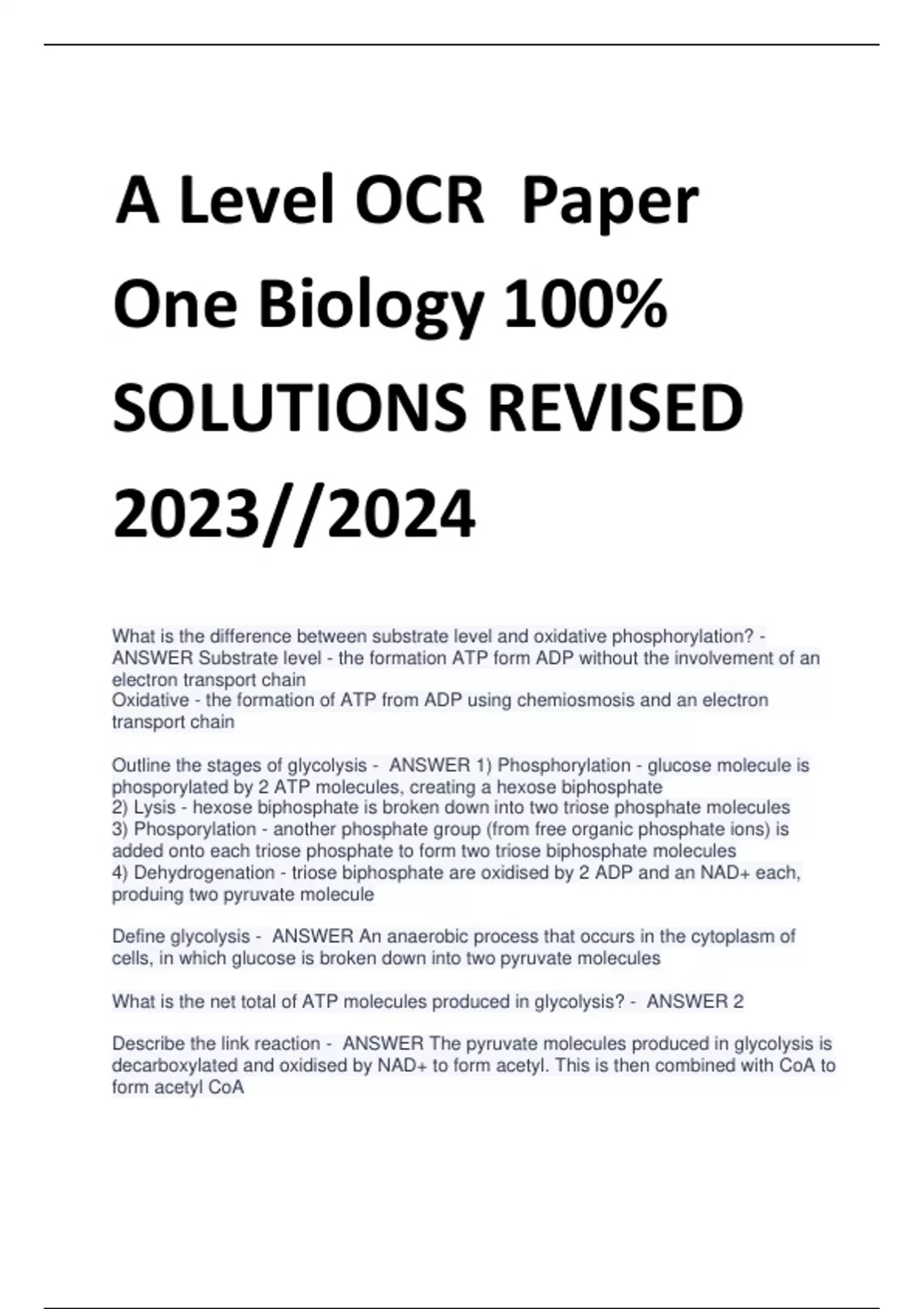 A Level OCR Paper One Biology 100% SOLUTIONS REVISED 2023//2024 ...