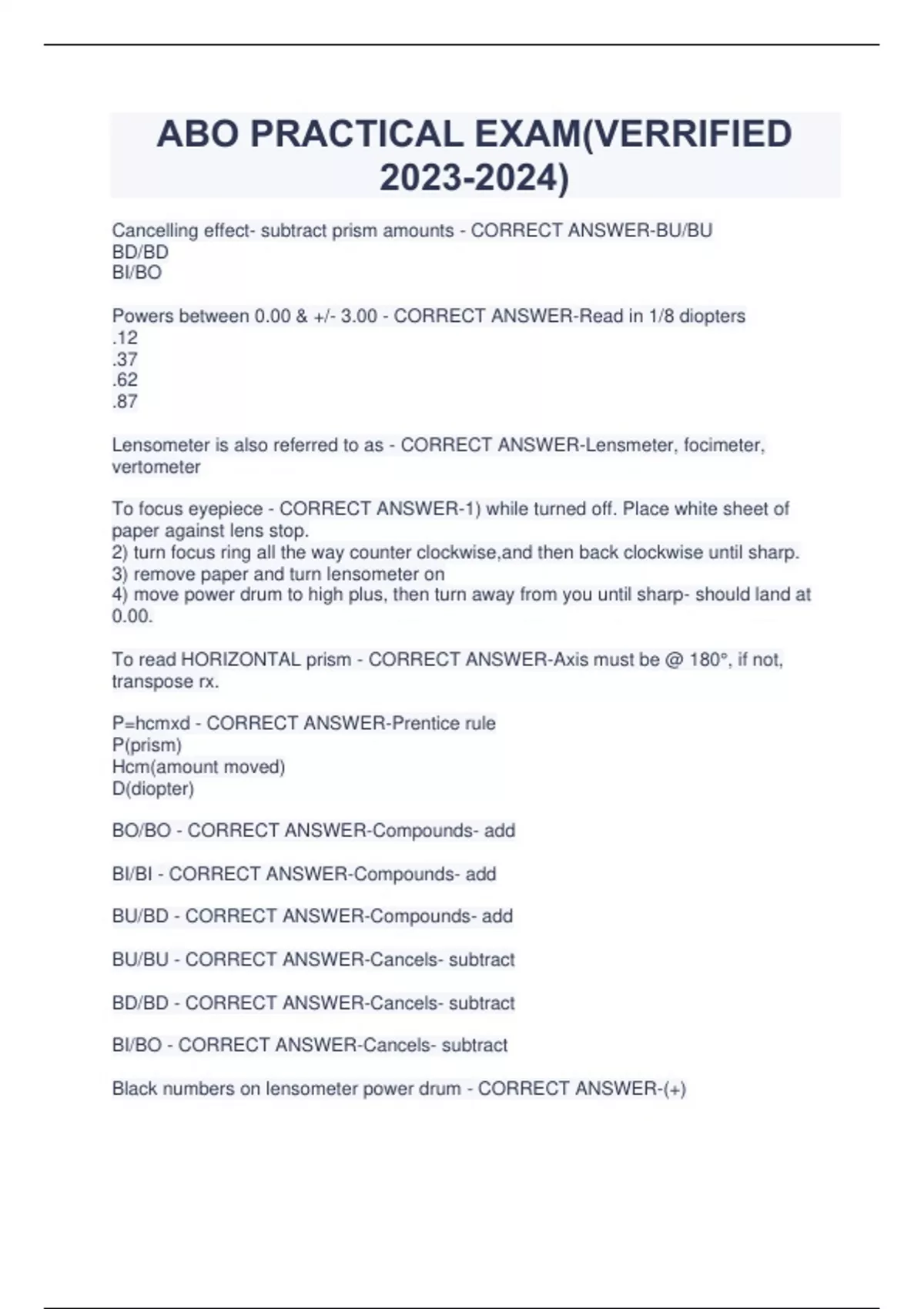 ABO PRACTICAL EXAM(VERRIFIED ) - ABO - Stuvia US