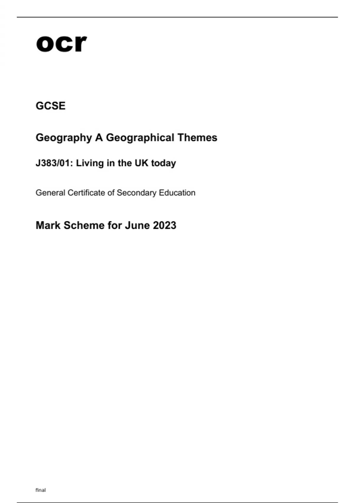 ocr GCSE Geography A Geographical Themes J383/01 Mark Scheme June2023 ...