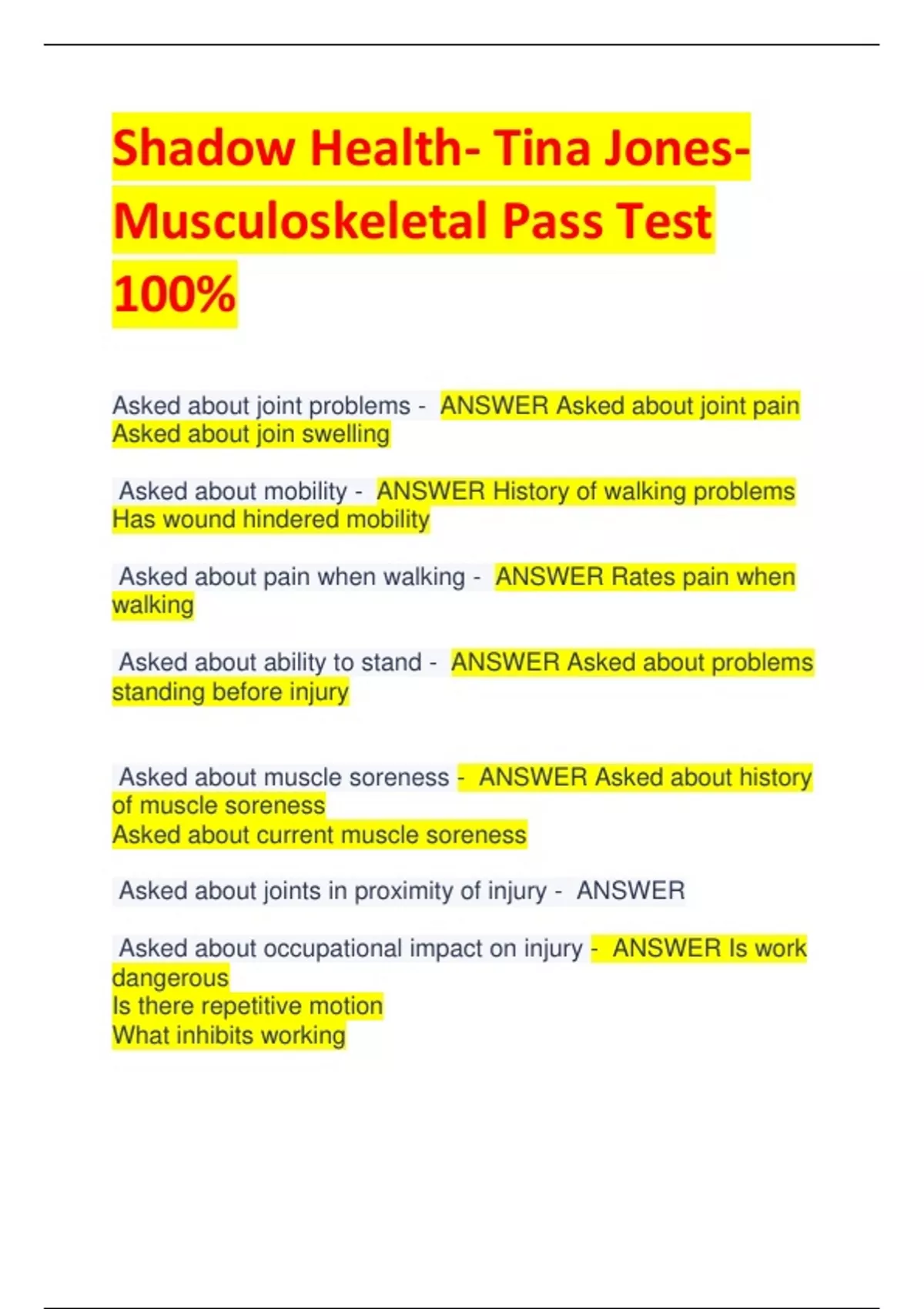 Shadow Health- Tina Jones Musculoskeletal Pass Test 100% - Shadow ...