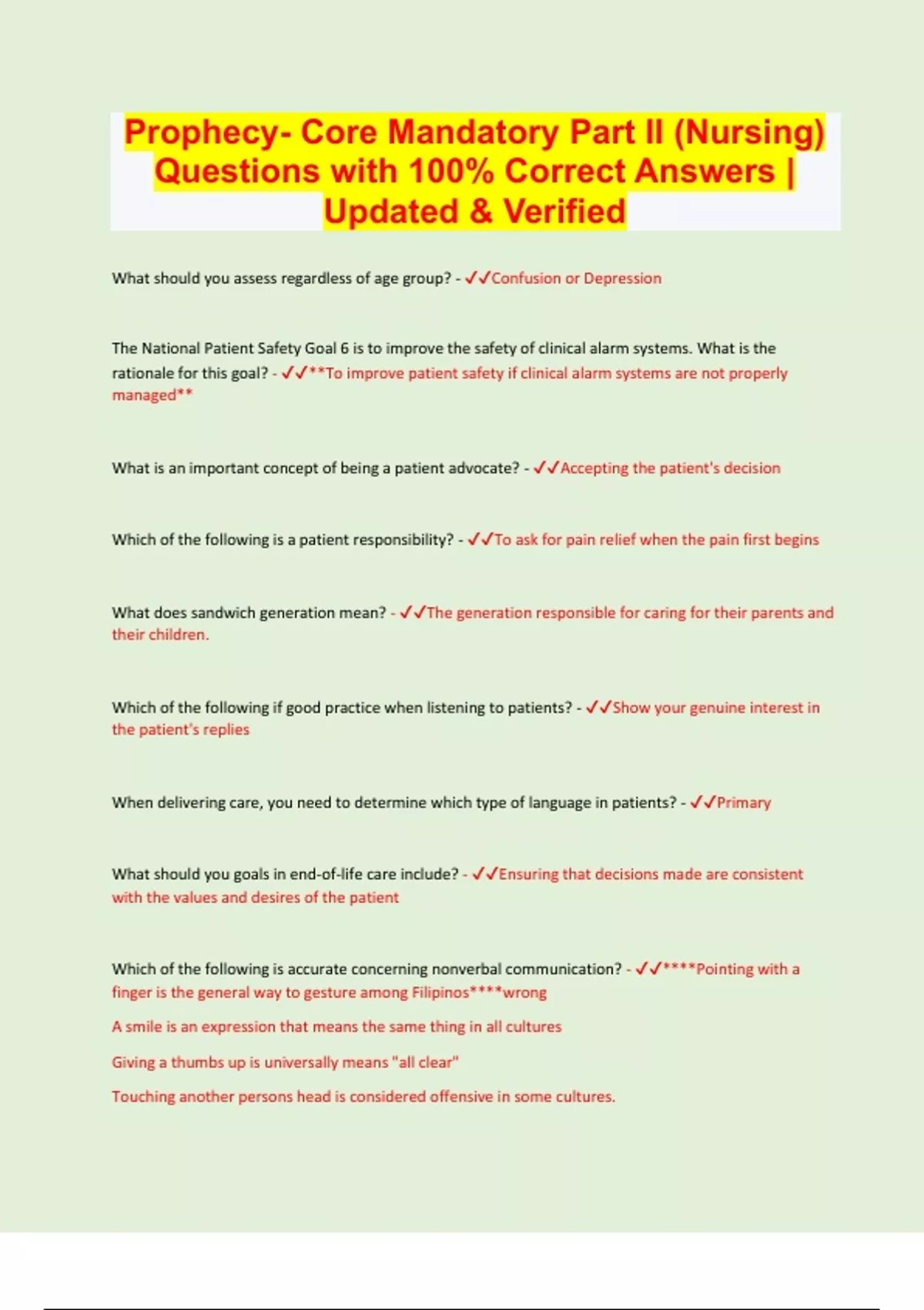 Prophecy- Core Mandatory Part II (Nursing) Questions with 100% Correct ...