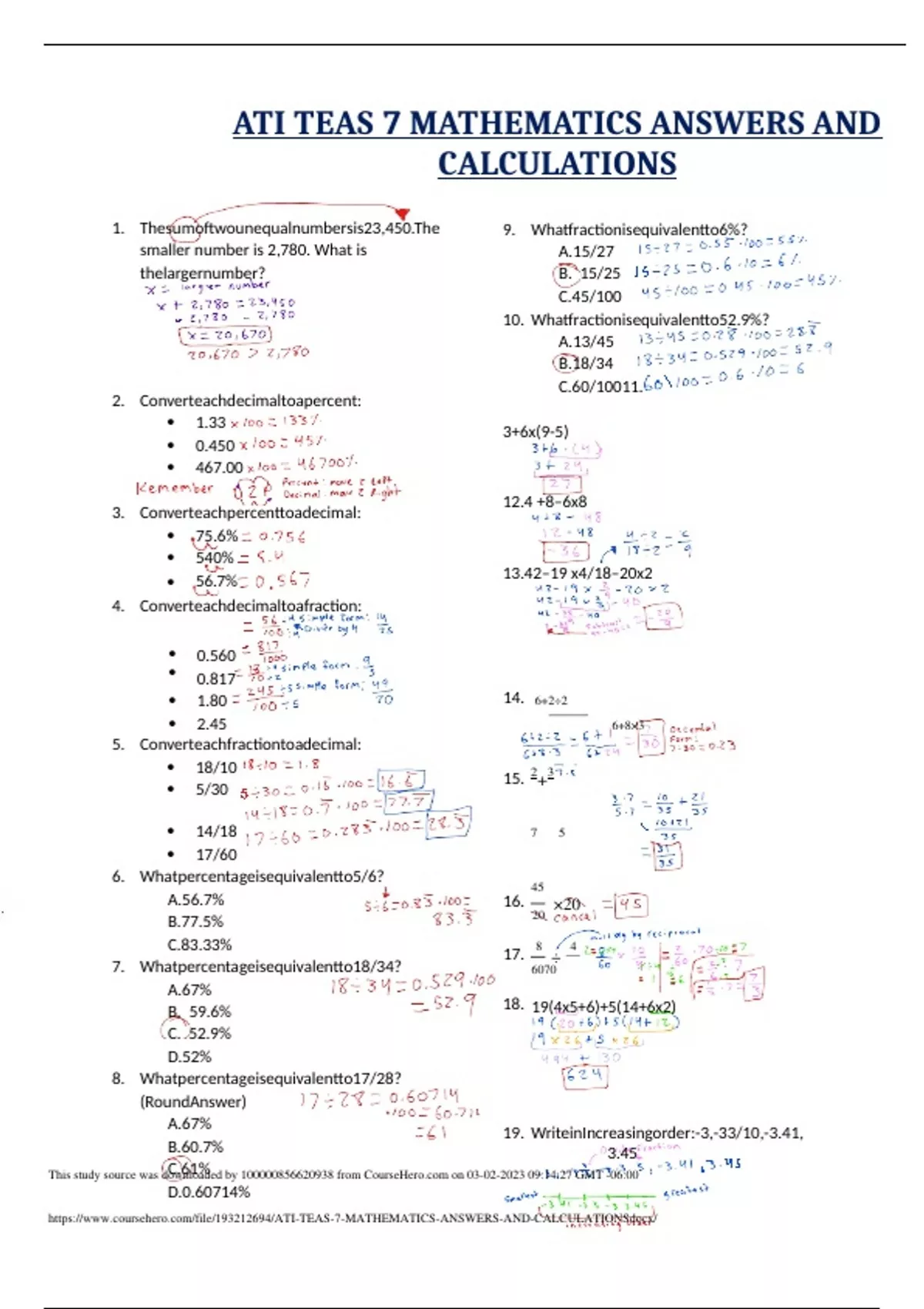 ATI TEAS 7 MATHEMATICS ANSWERS AND CALCULATIONS - Nursing - Stuvia US