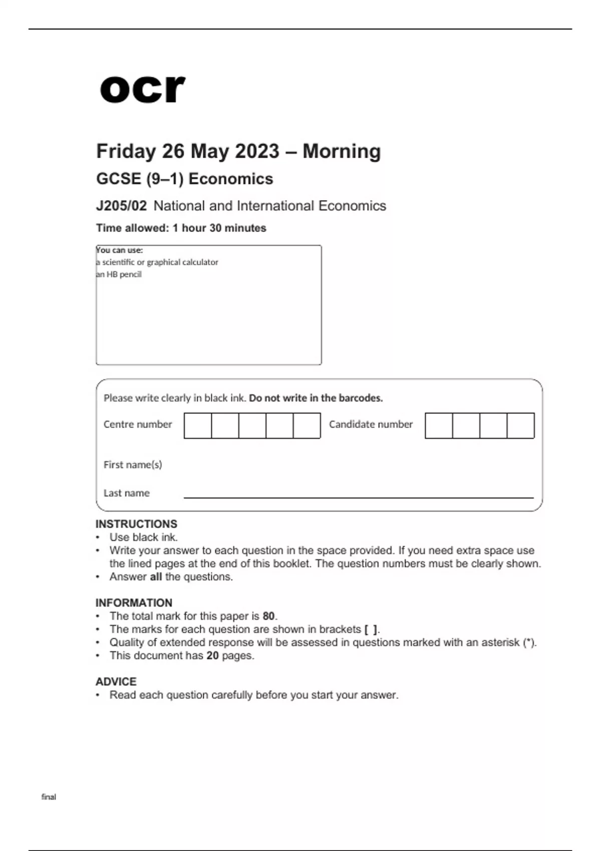 ocr GCSE Economics J205/02 Question Paper May2023. - GCSE Economics QP ...